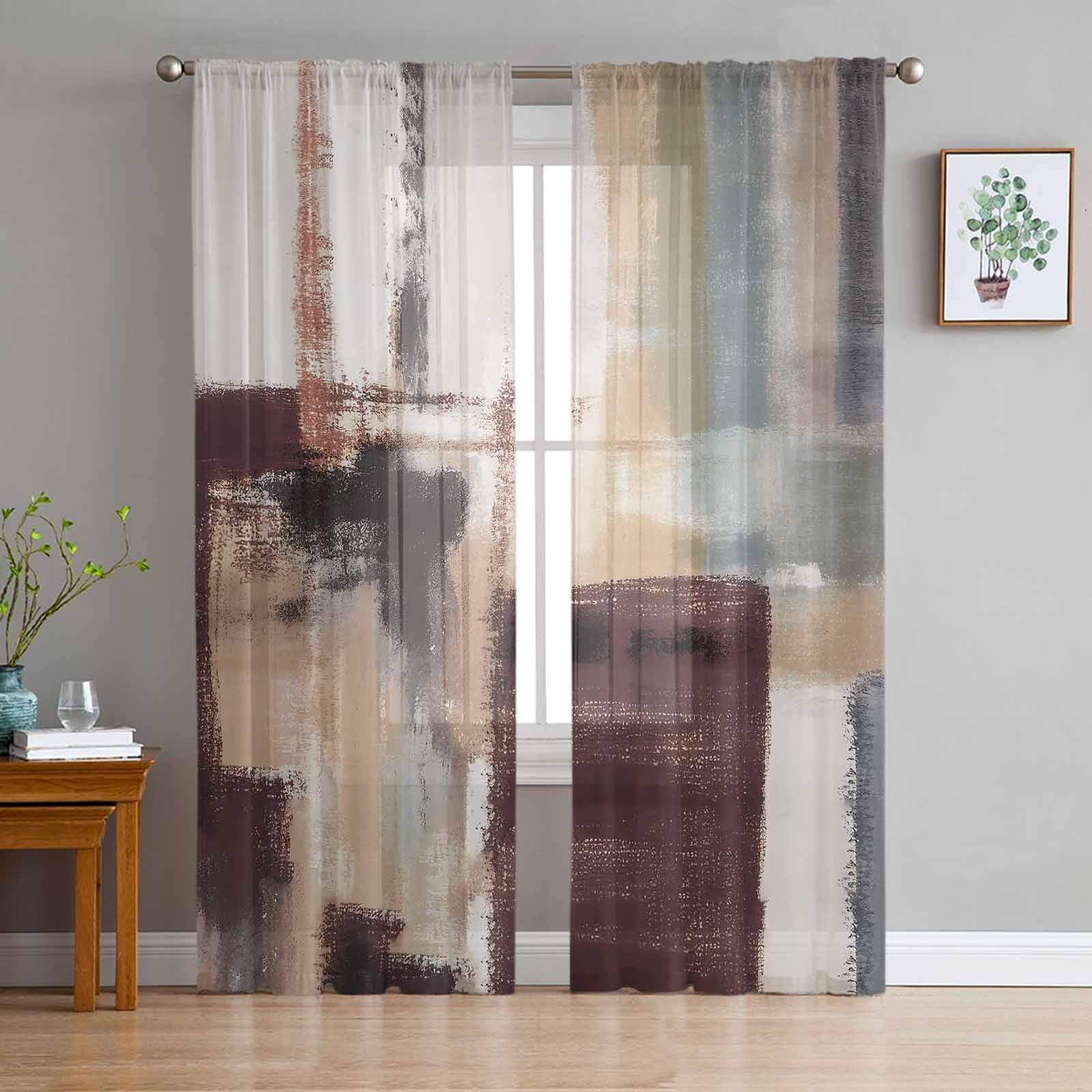 Brown Abstract Modernist Oil Painting Style Sheer Curtains for Living ...