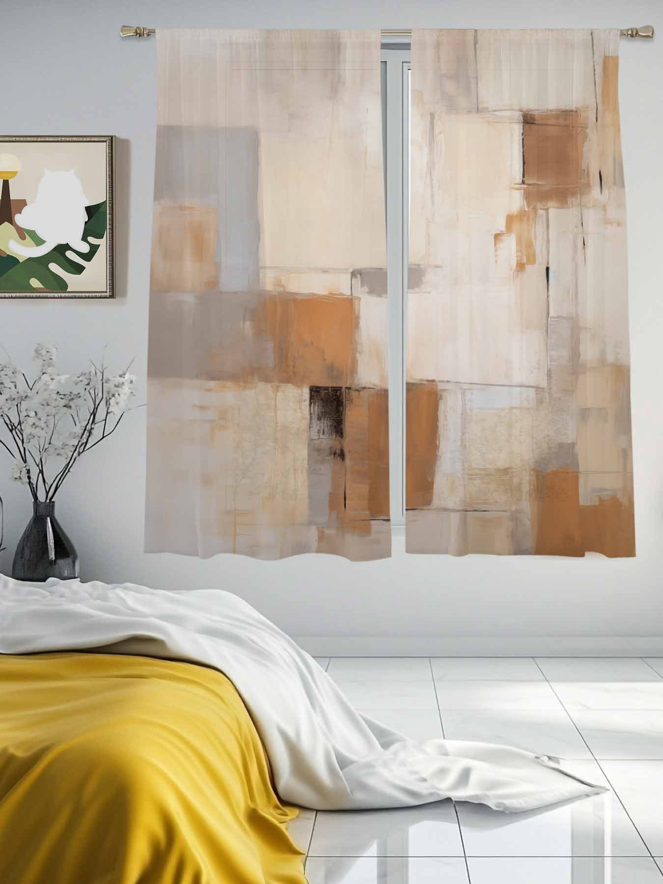 Brown Abstract Painting Art Chiffon Sheer Curtains 63 Inches Long ...