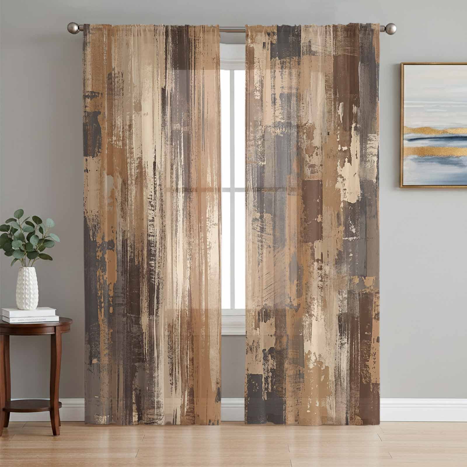 Brown Abstract Sheer Curtains 84 Inch Length 2 Panels Set Window ...