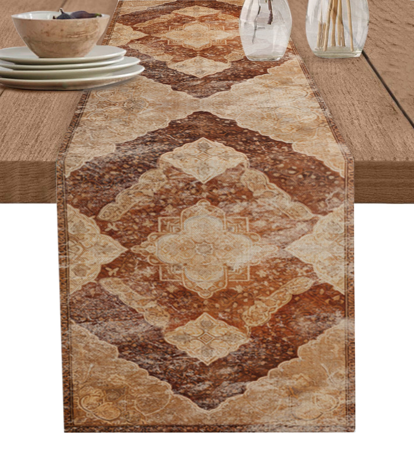 Brown Abstract, Table Runner Contemporary Vintage Geometric Flower ...