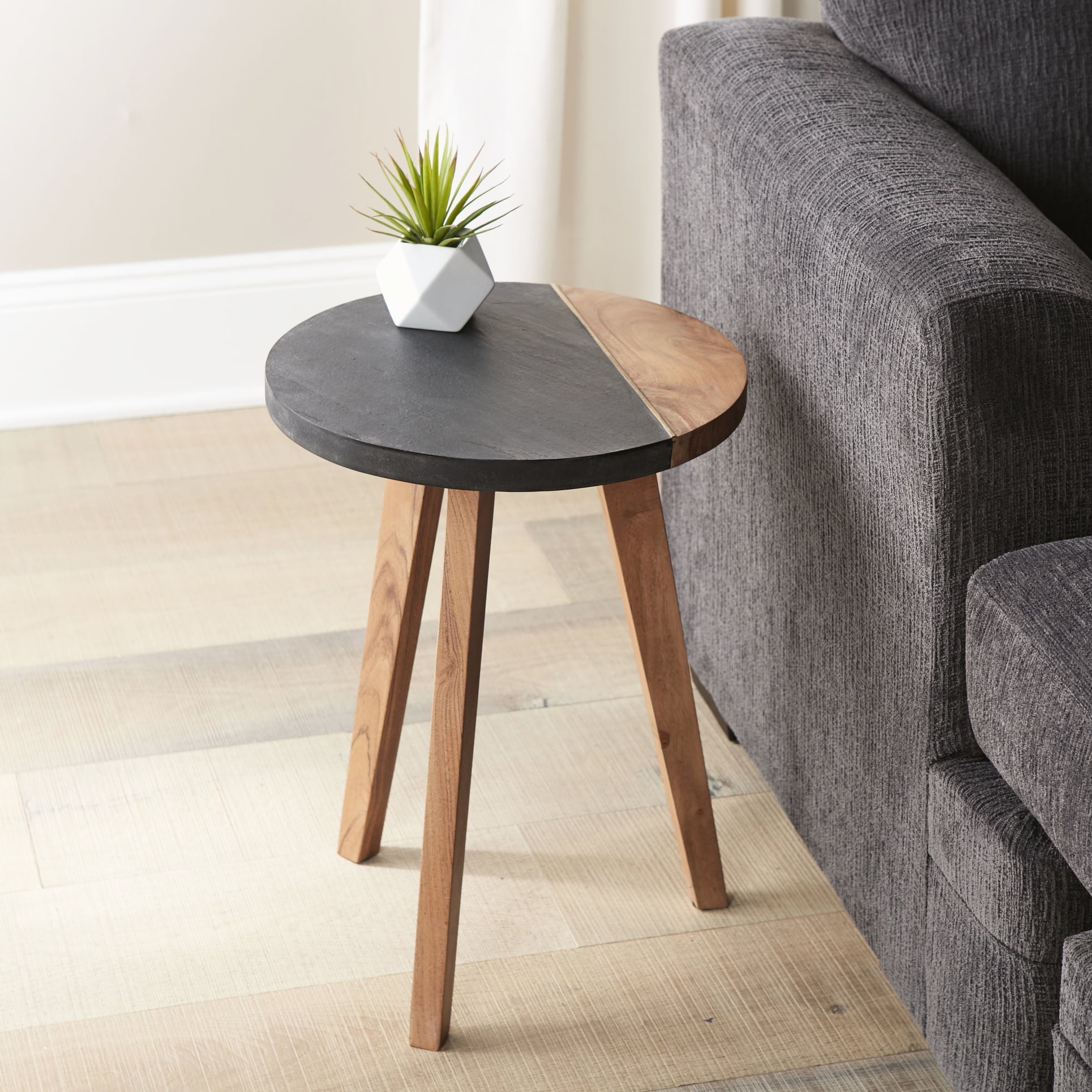 Brown Accent Table - Solid Wood & Slate Inlay End Brown, Brass ...