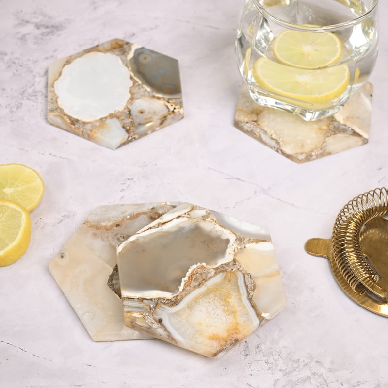 Brown Agate Coasters Set - Hexagonal Polished Edges Stone Geode Drink ...
