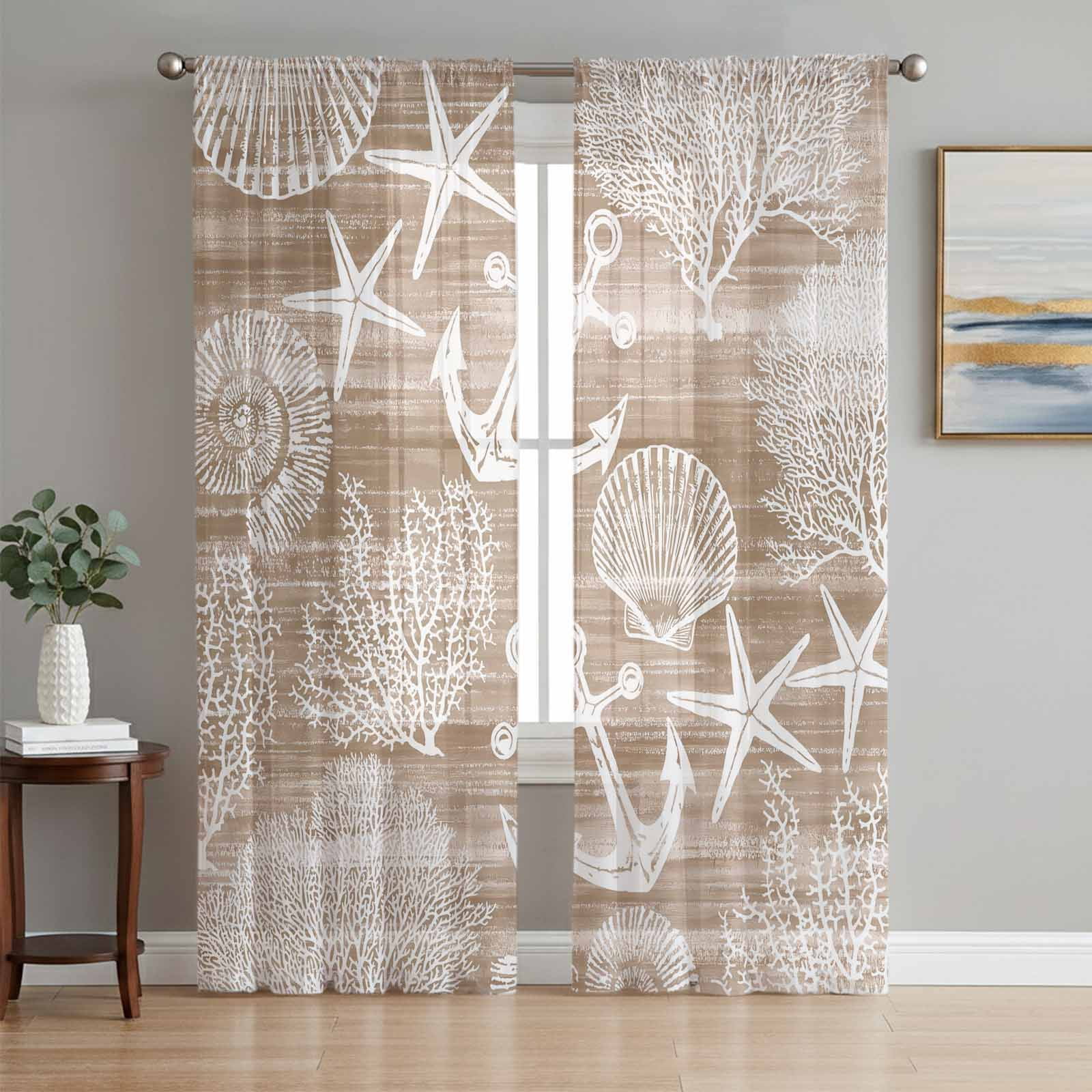 Brown Anchor Nautical Semi Sheer Curtains 84 Inch Length 2 Panels Set ...