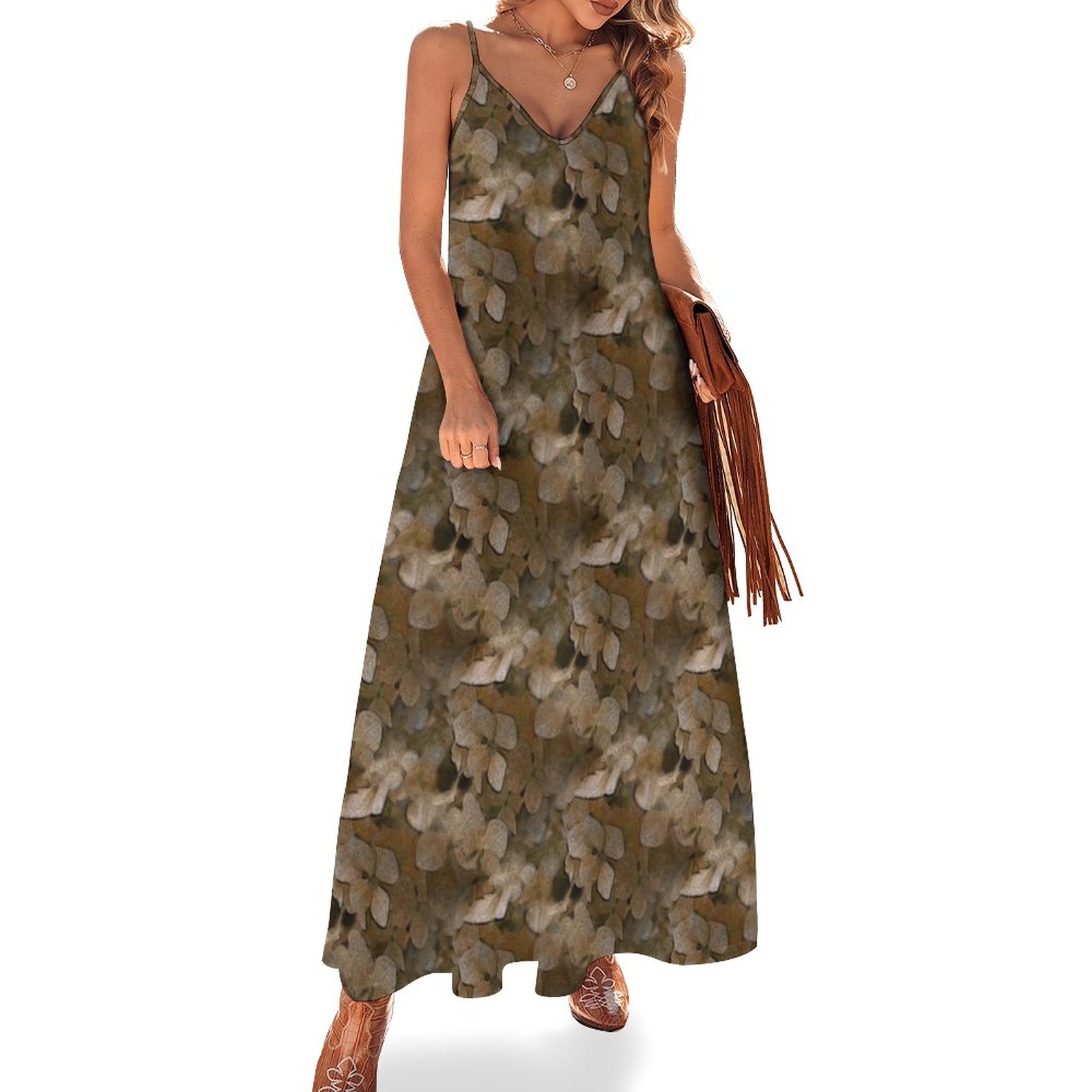 Brown And Tan Leaves and Flowers Sleeveless Dress prom dress sexy short ...