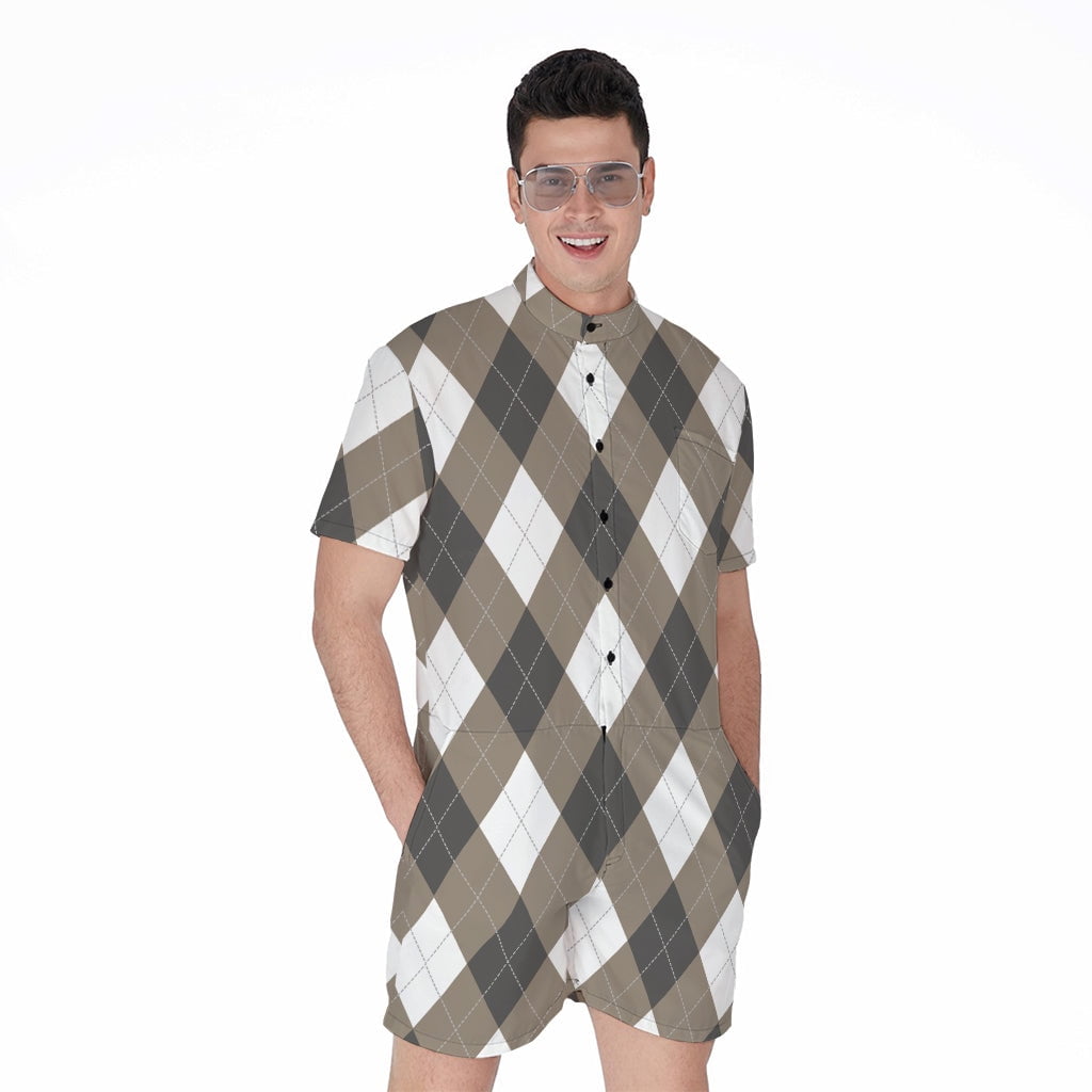 Brown And White Argyle Pattern Short Sleeve Men'S Rompers, Checkered ...