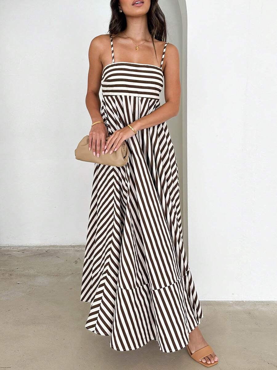 Brown And White Diagonal Stripe Spaghetti Strap Backless A-Line Flowy ...