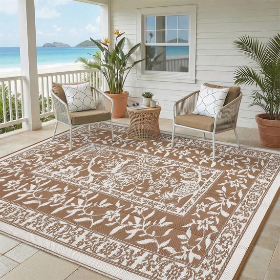 Brown And White Modern Floral Outdoor Area Rug For Patio Deck Balcony ...