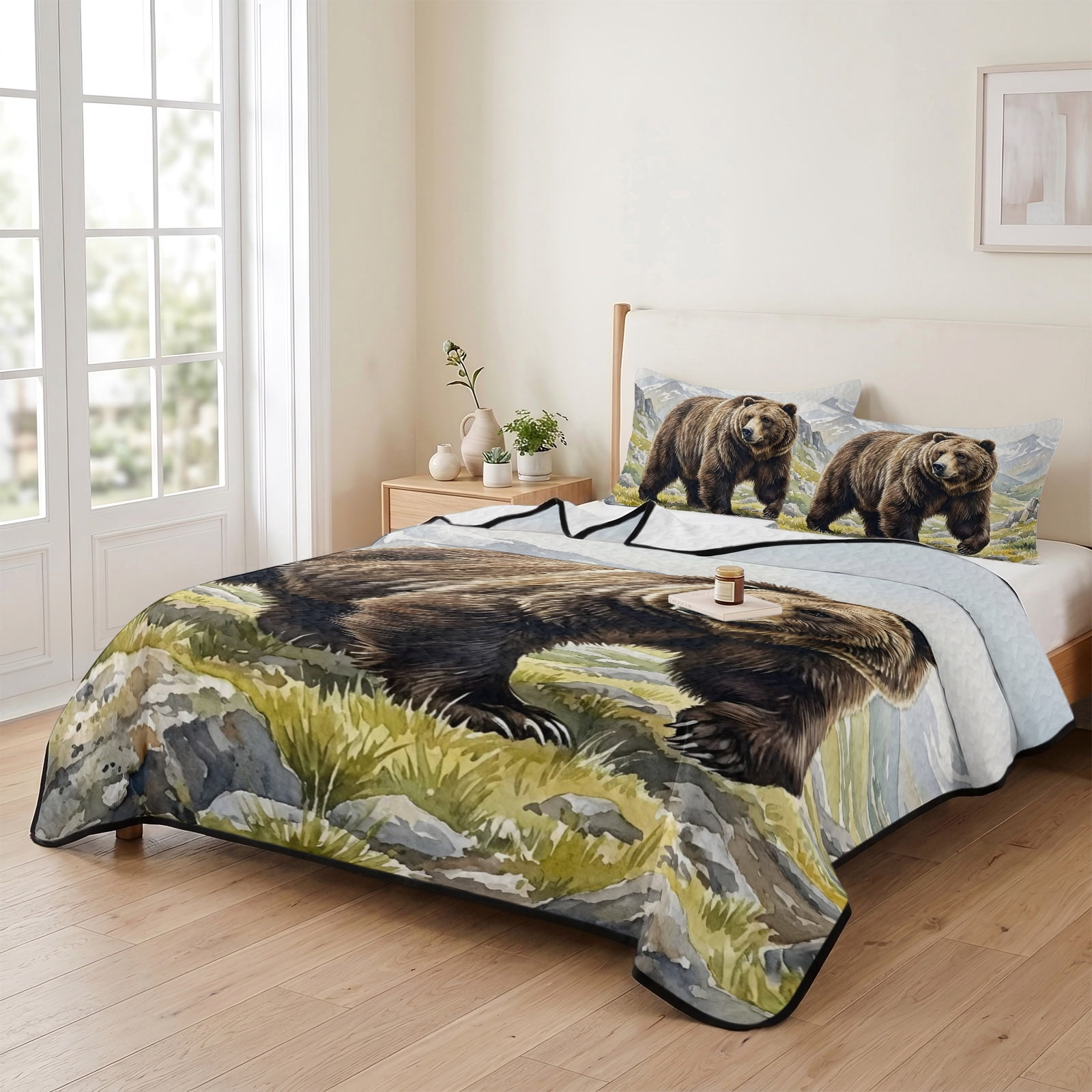 Brown Animal Grizzly Bear 3 Pieces Quilt Set,1 Quilt with 2 Shams ...