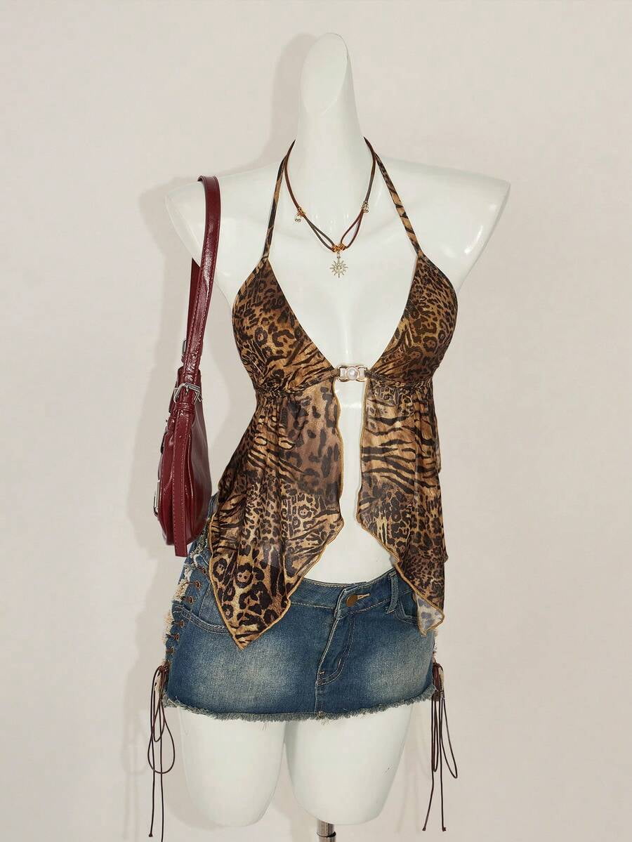Brown Animal Print Sheer Halter Camisole With Pearl-Embellished Buckle ...