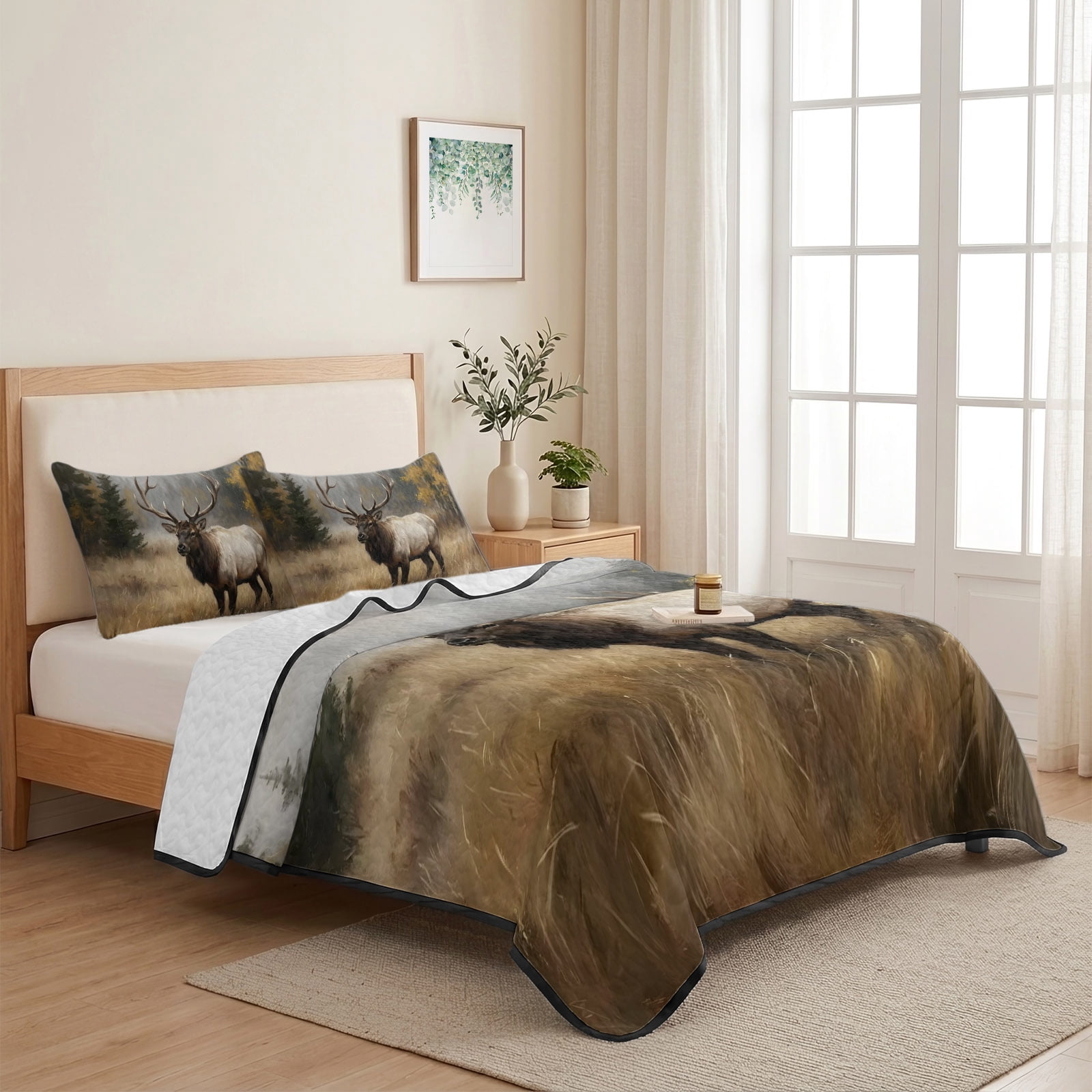 Brown Animals Elk 3 Pieces Quilt Set,1 Quilt with 2 Shams,Retro Forest ...