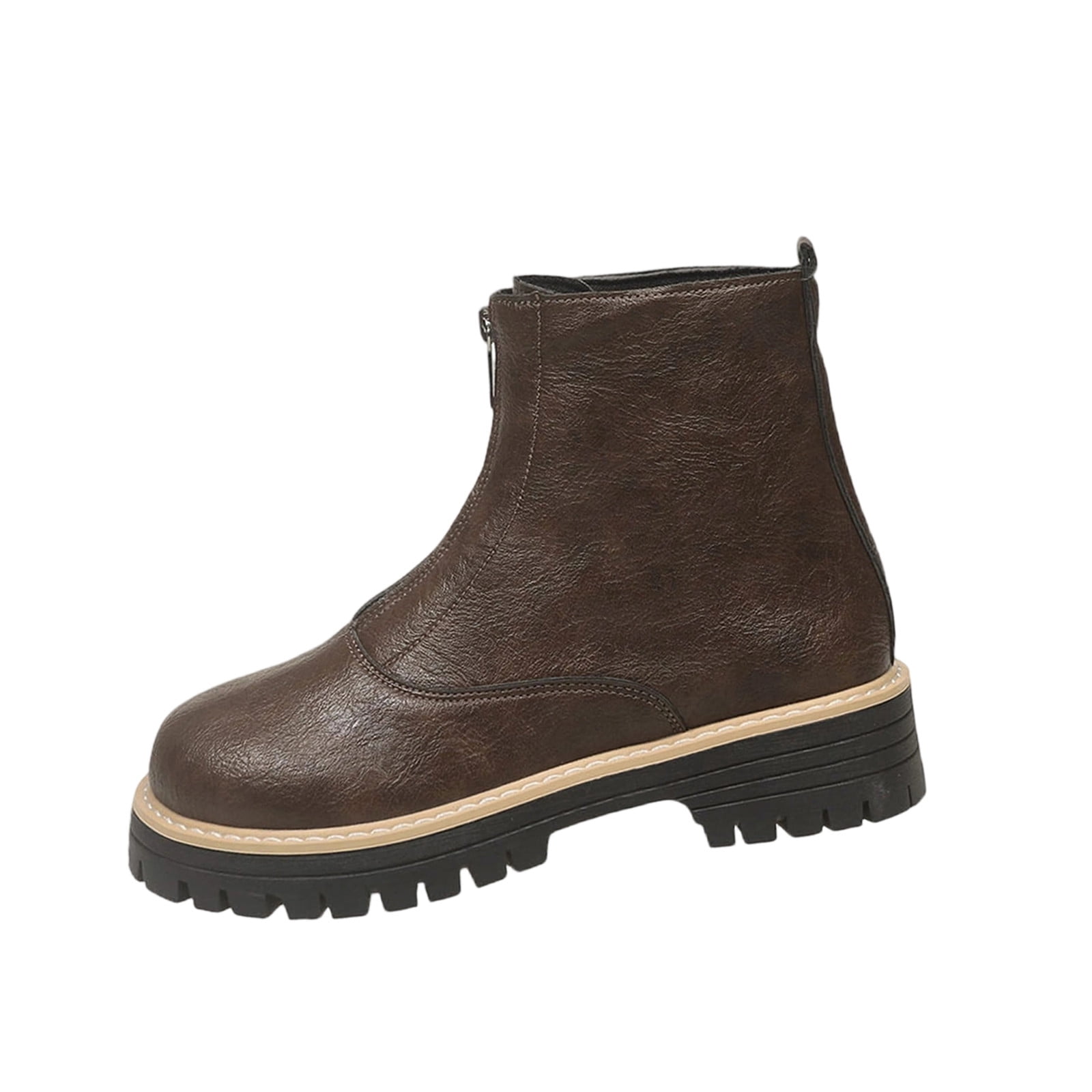 Brown Ankle Boots For Ladies With Front Zipper Thick Sole Chunky Heel ...