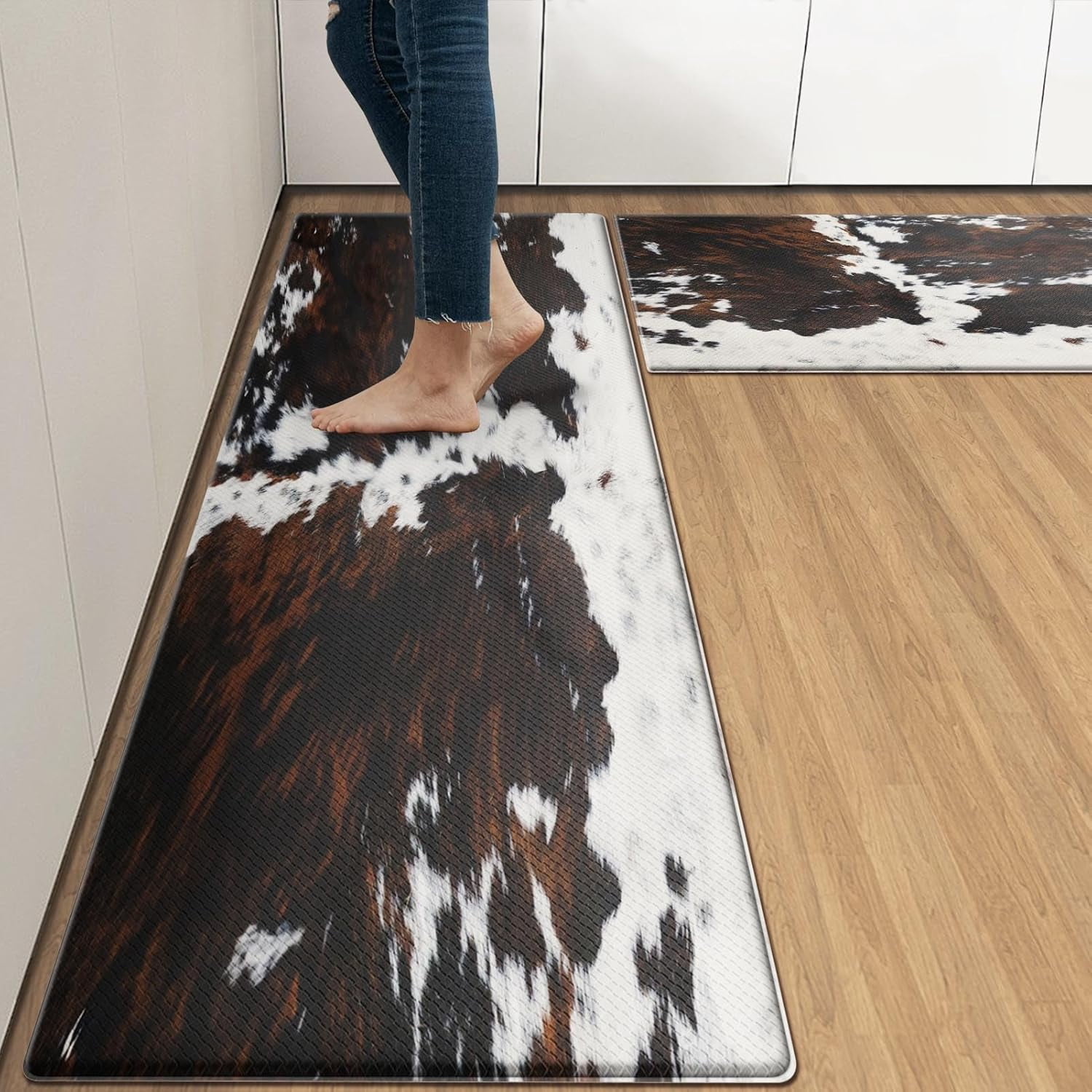 Brown Anti-Fatigue Kitchen Rug Set of 2 Cow Bull Farm Cushioned Floor ...