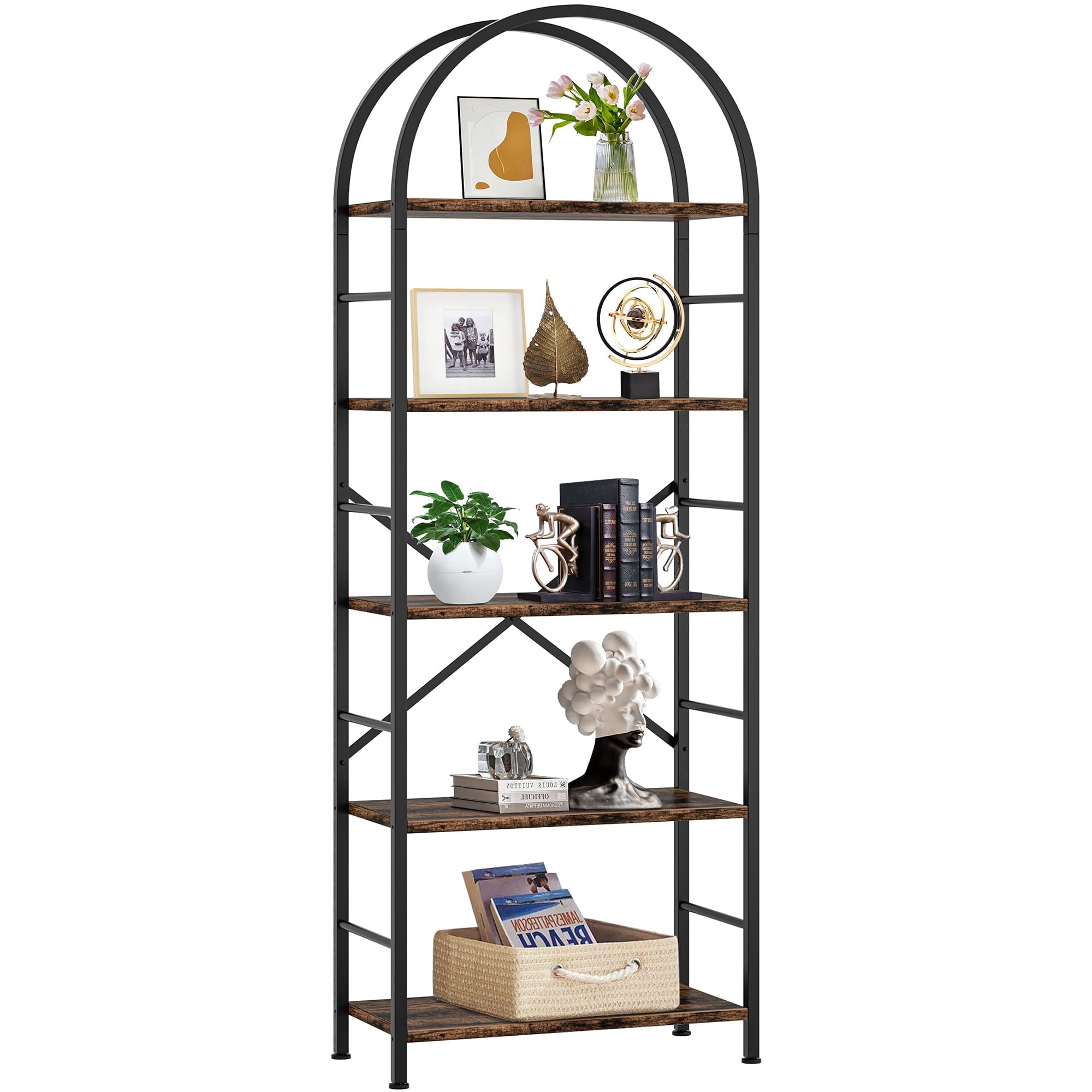 Brown Arched 5-Tier Bookshelf Tall Storage Organizer For Home Office ...
