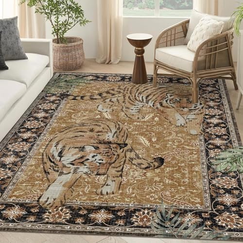 Brown Area Rug 3' ×5' Washable Large Living Room Rug Tiger Neutral Non ...
