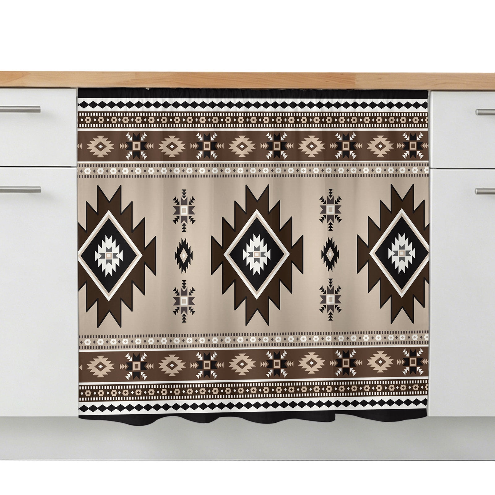 Brown Aztec Cabinet Curtains 28"W x 35"L, Dustproof Sink Skirt Curtain ...