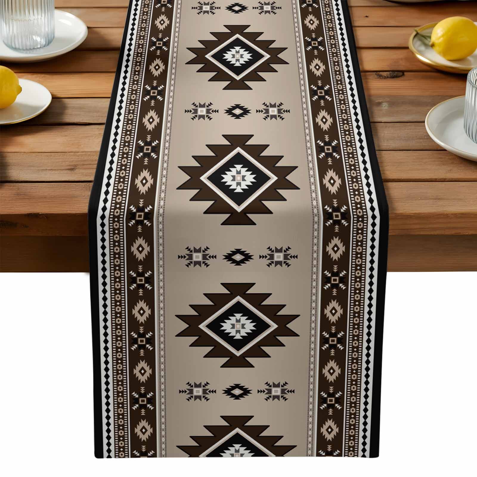 Brown Aztec Cotton Linen Table Runner for Dining Kitchen, Boho ...