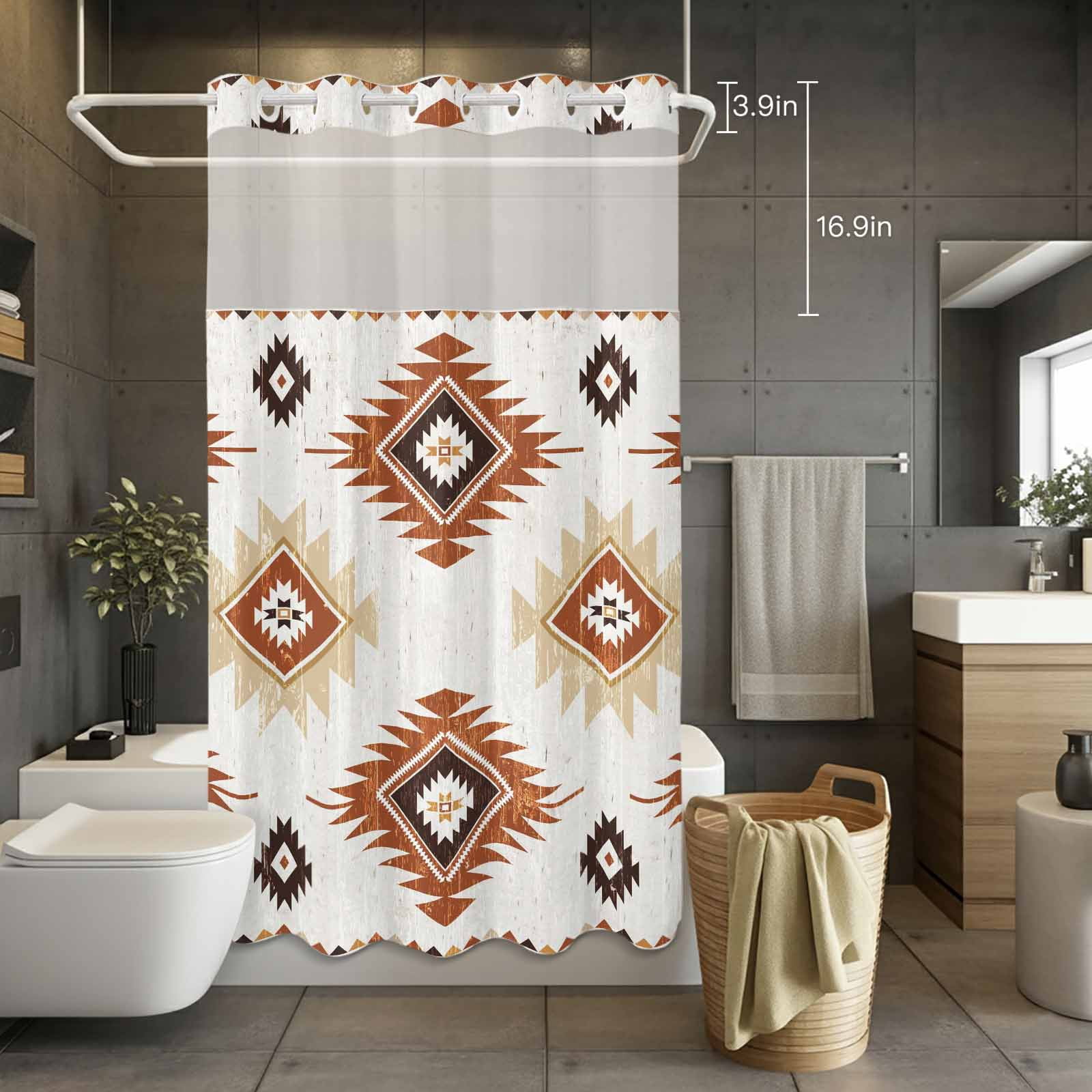 Brown Aztec Ethnic Art No Hook Shower Curtain with Snap in Liner Set ...