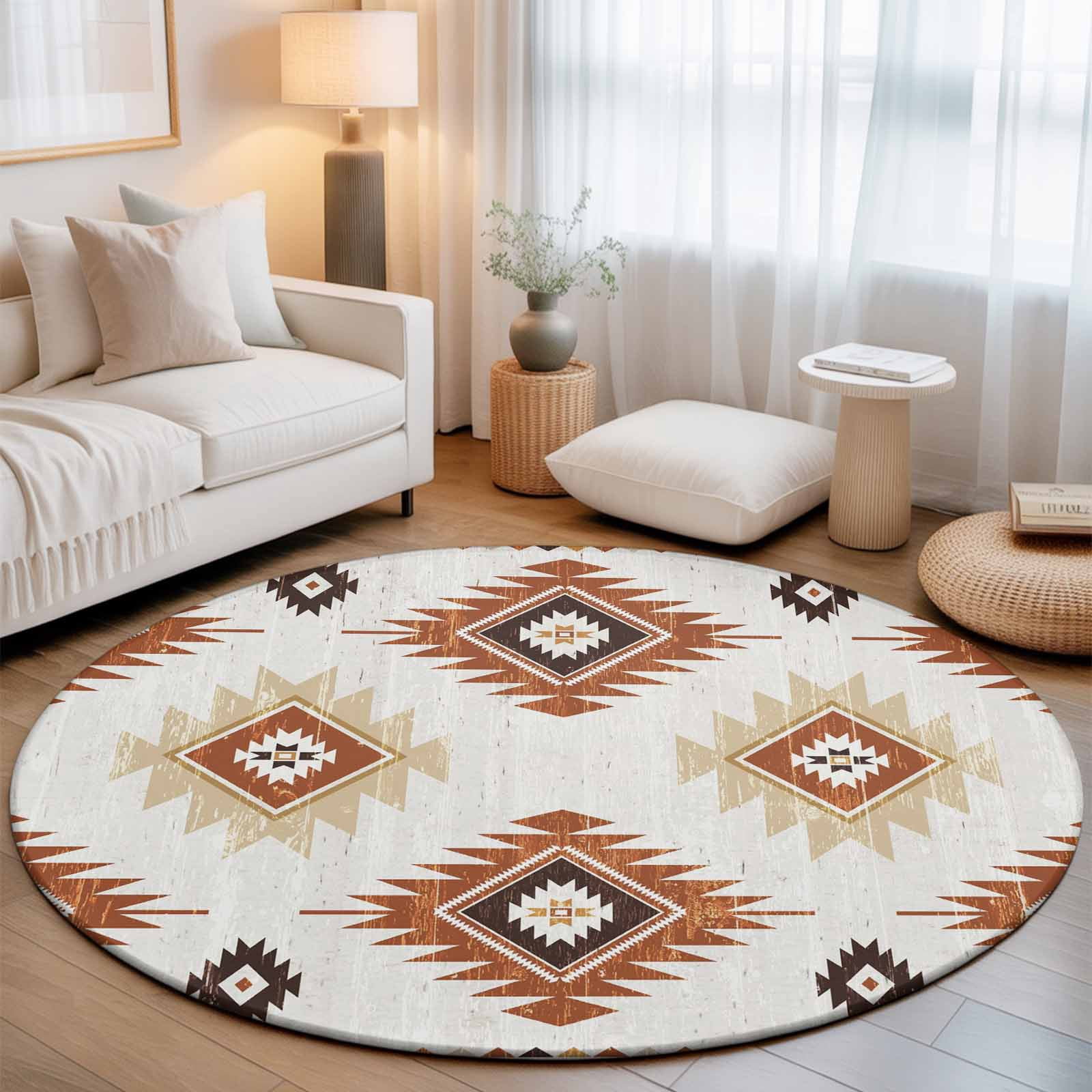 Brown Aztec Ethnic Art Round Rug 5ft Abstract Geometric Color Block ...