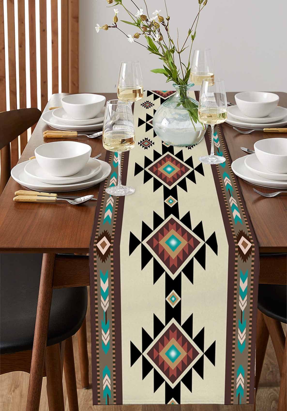 Brown Aztec Ethnic Art Table Runner 13x72in Non-Slip Cotton Linen Table ...