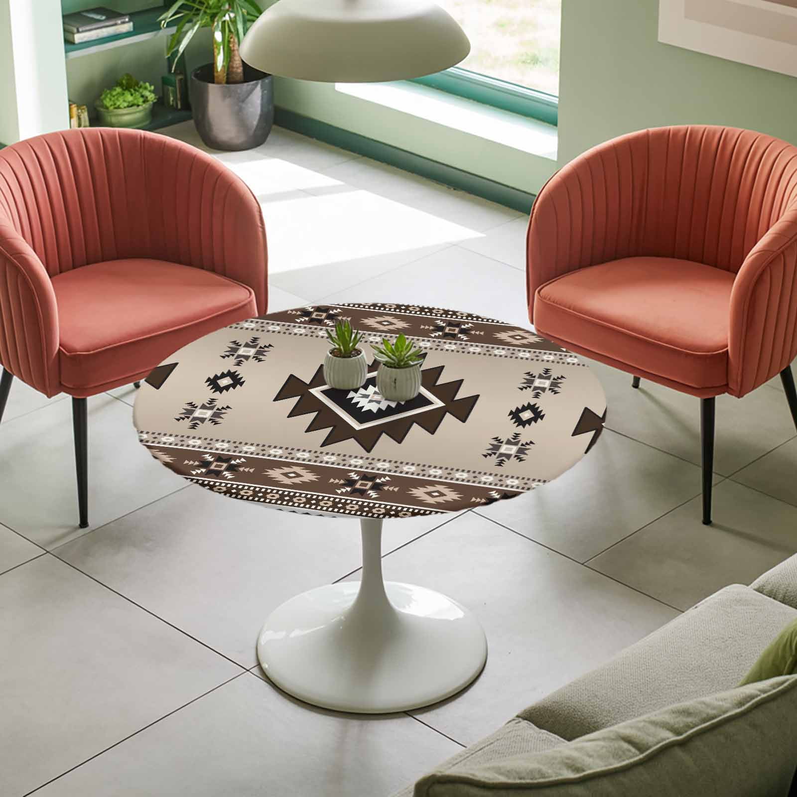 Brown Aztec Ethnic Style Round Fitted Tablecloth with Elastic Edge ...