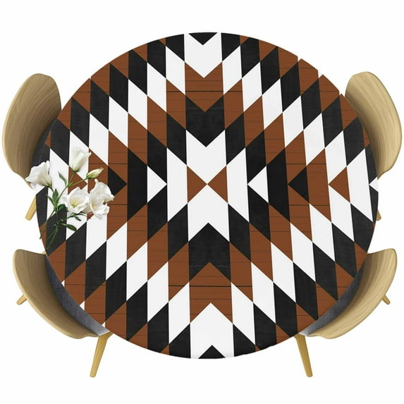 Brown Aztec Fitted Tablecloth with Elastic Edged, Round Table Cloth for ...