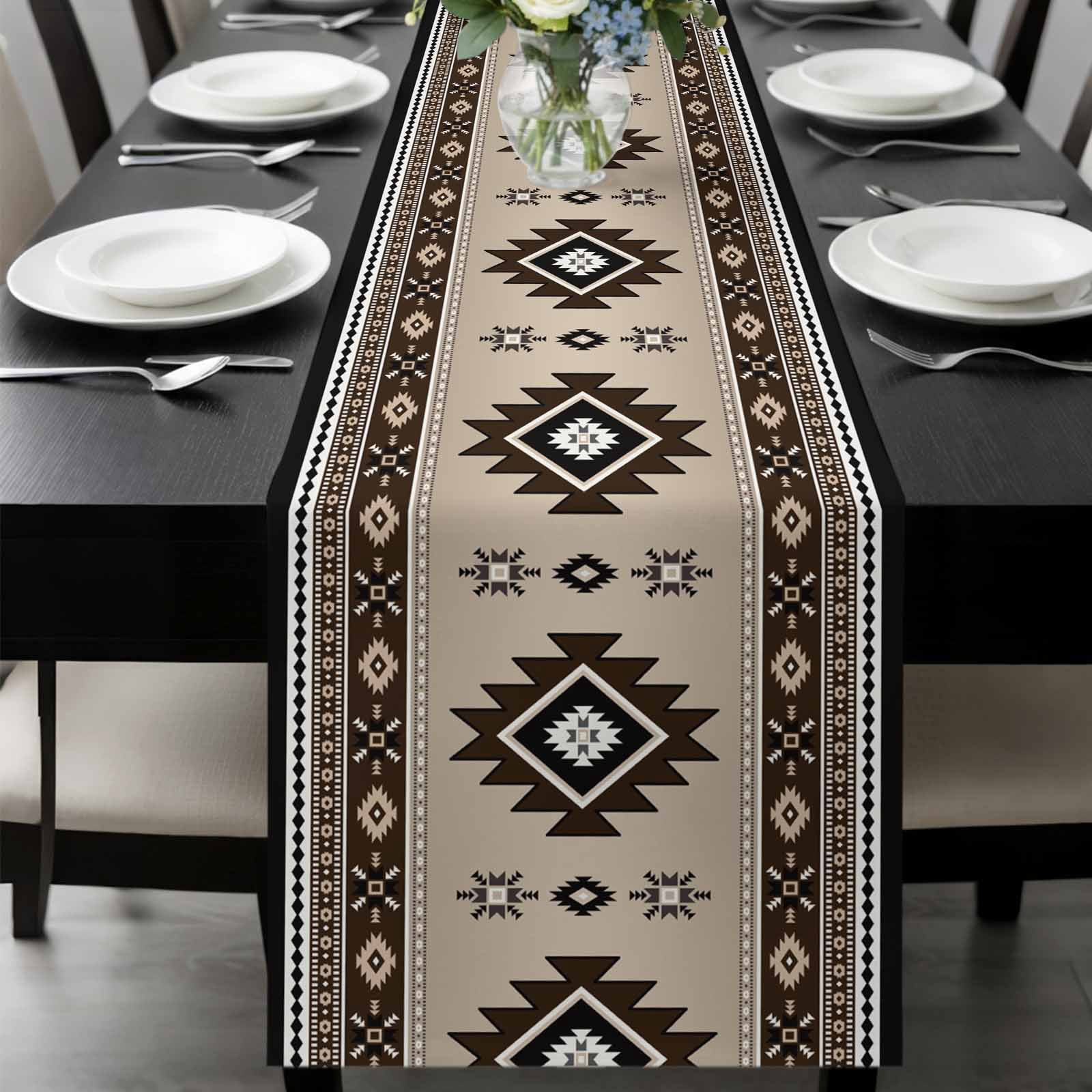 Brown Aztec Table Runner 72 Inches Long, Boho Southwest Ethnic Neutral ...