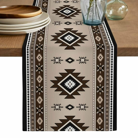 Brown Aztec Table Runner, Boho Southwest Ethnic Neutral Motifs Washable ...