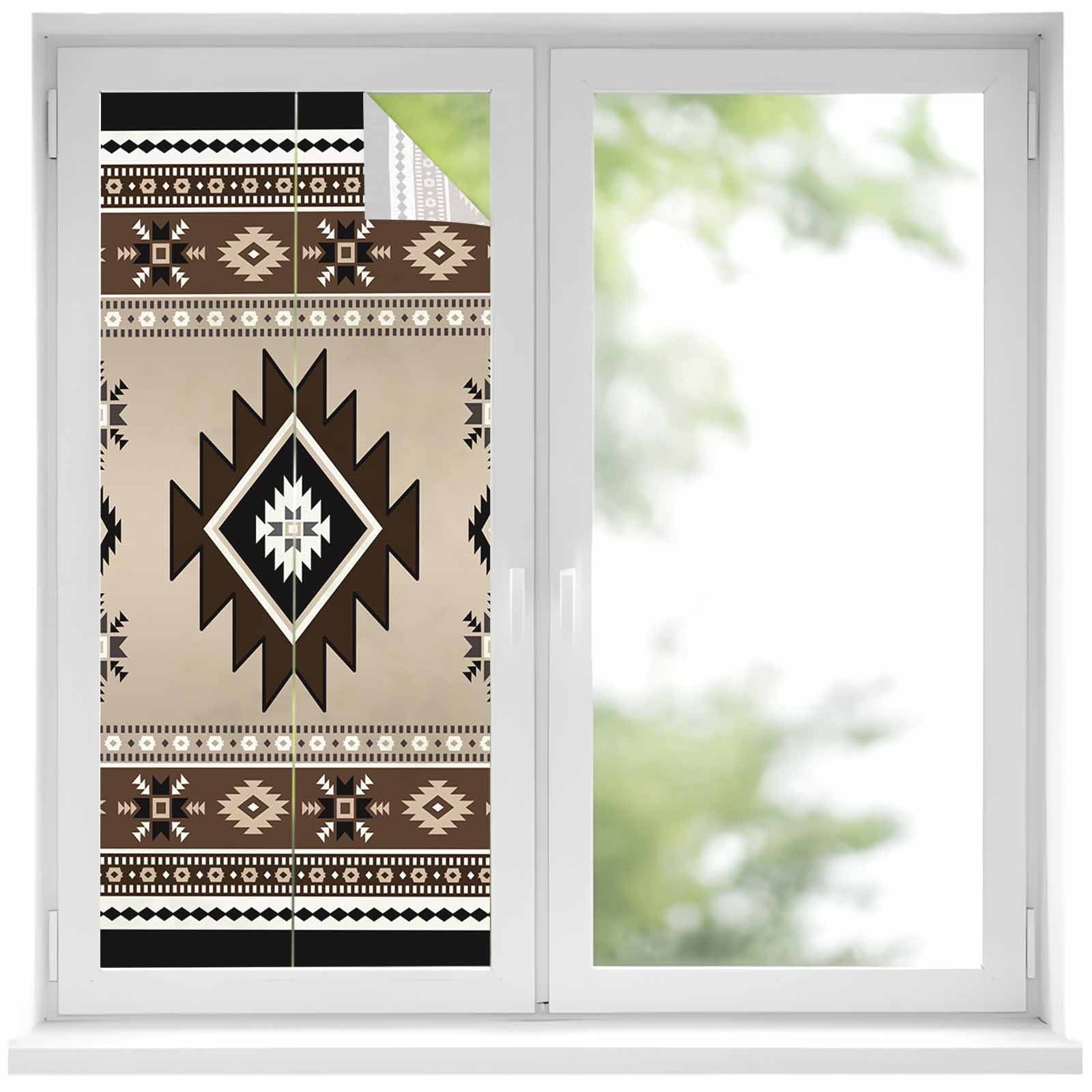 Brown Aztec Window Privacy Film, Boho Southwest Ethnic Neutral Motifs ...
