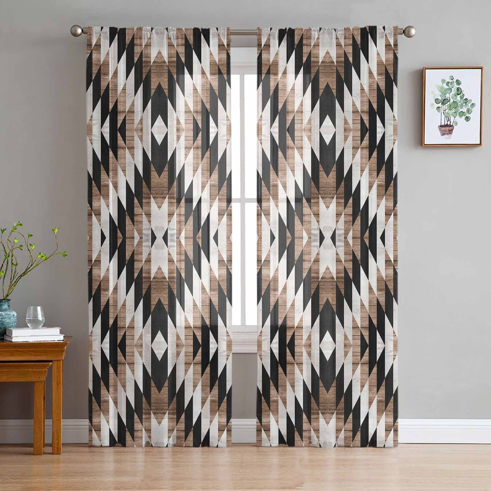 Brown Aztecs Semi Sheer Curtains 84 Inch Length 2 Panels Set, Abstract ...