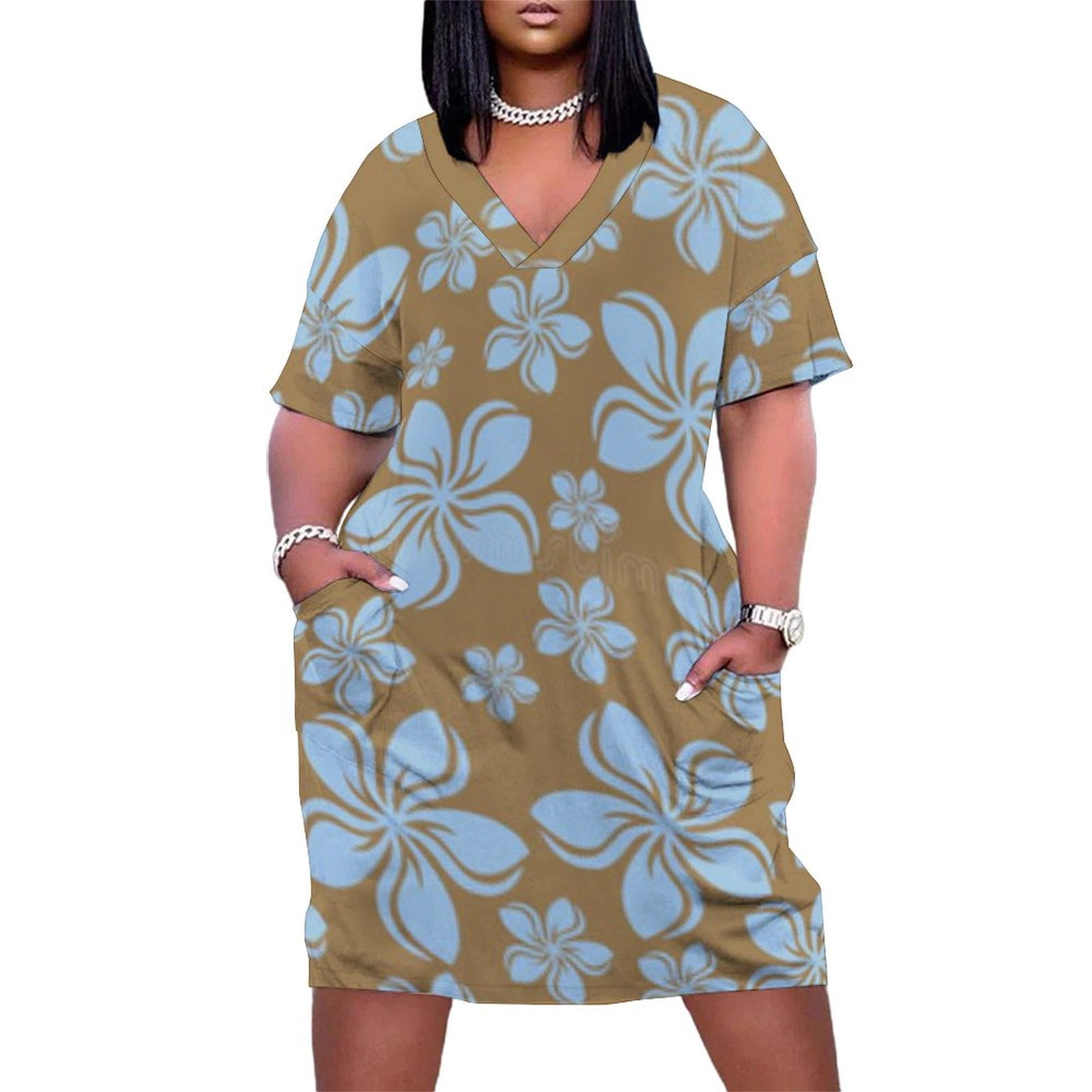 Brown Background Blue Flower Pattern Women's Summer Short Sleeve Casual ...