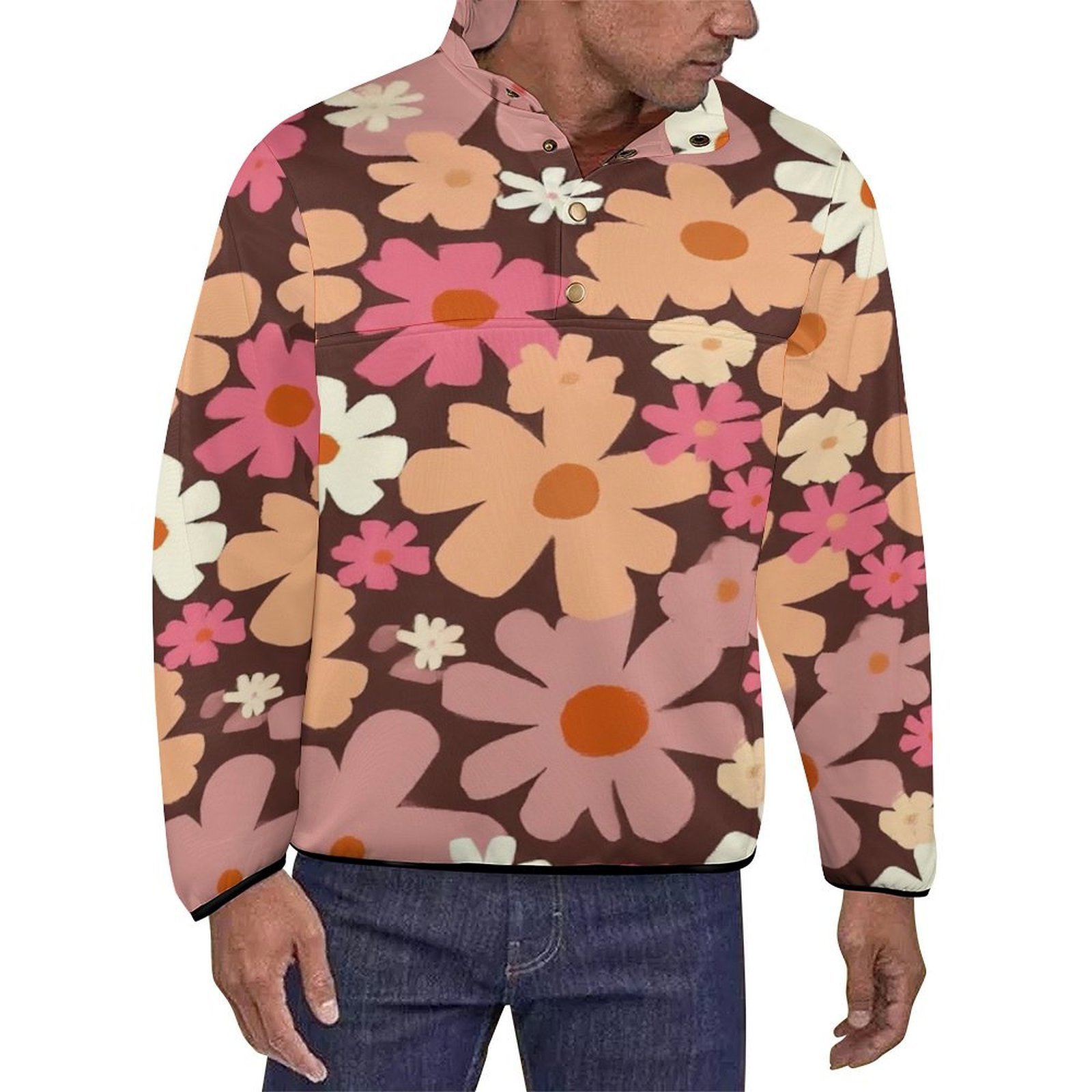 Brown Background Floral Retro Print Men's Stand Collar Sweater Long ...