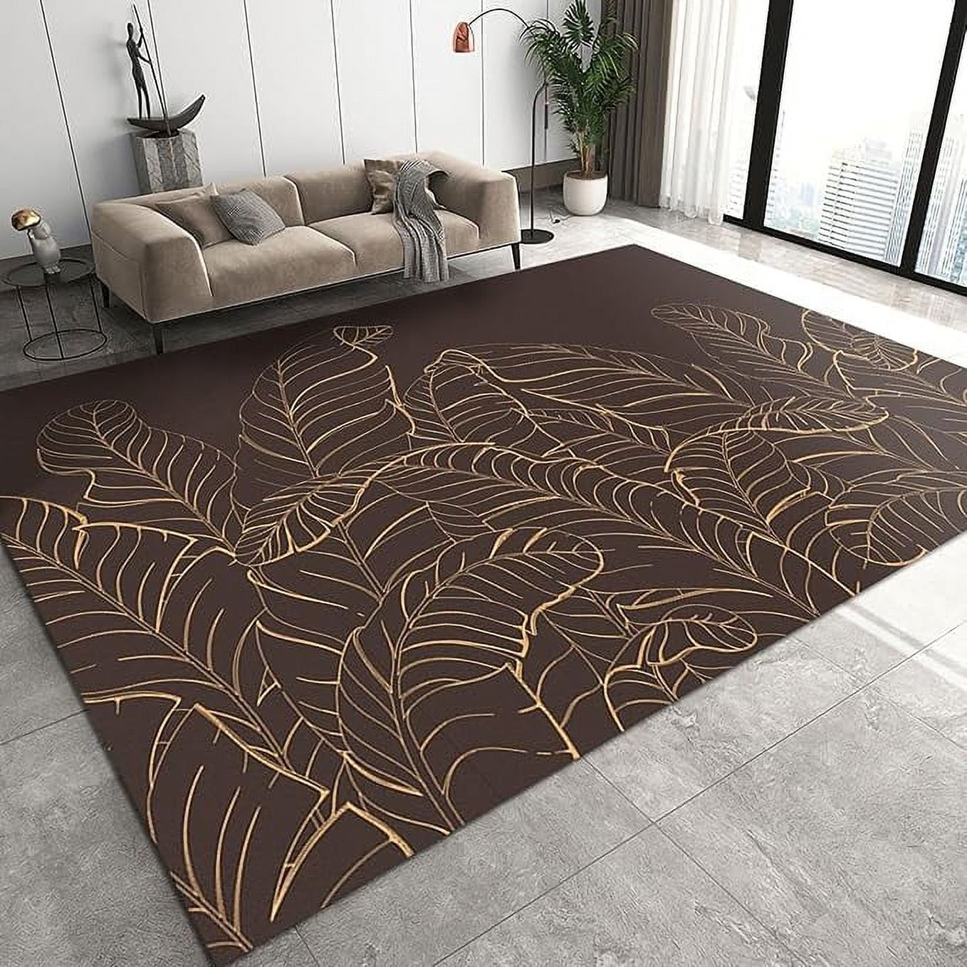 Brown Background Living Room Area Rugs, Abstract Golden Lines Banana ...