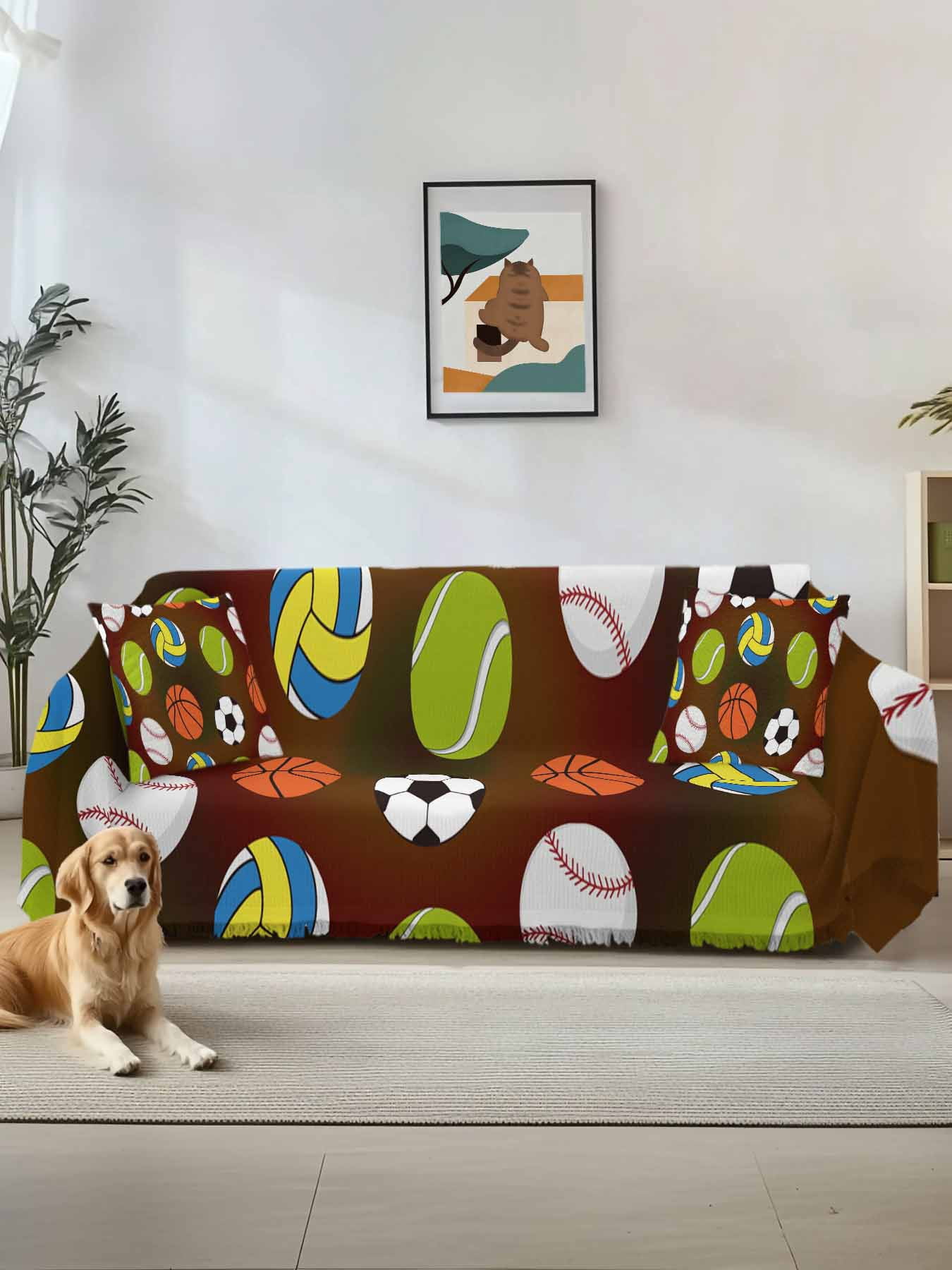 Brown Balls Couch Cover for 2 Cushion Sofa, Baseball Tennis Basketball ...