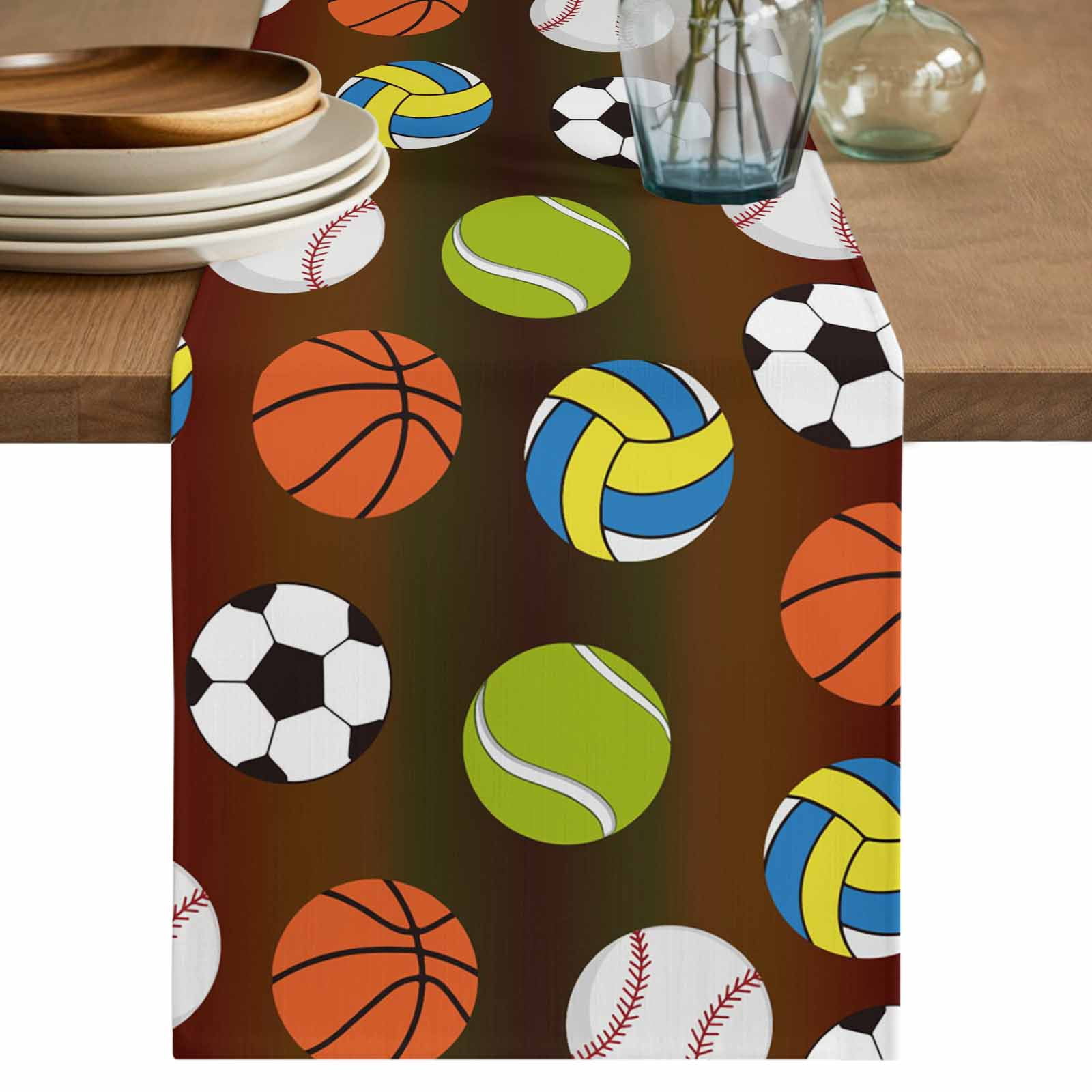 Brown Balls Table Runner, Baseball Tennis Basketball Football Washable ...