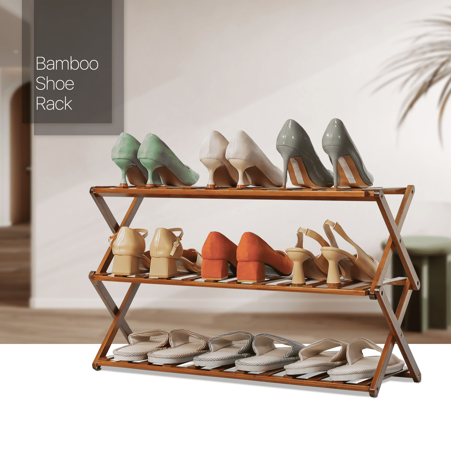 Brown Bamboo[COLLAPSIBLE RACK]Entryway Shoe Organizer Freestanding ...