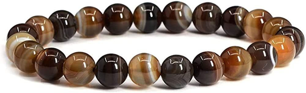 Brown Banded Agate Gemstone 8mm Round Beads Stretch Bracelet 7" Unisex ...