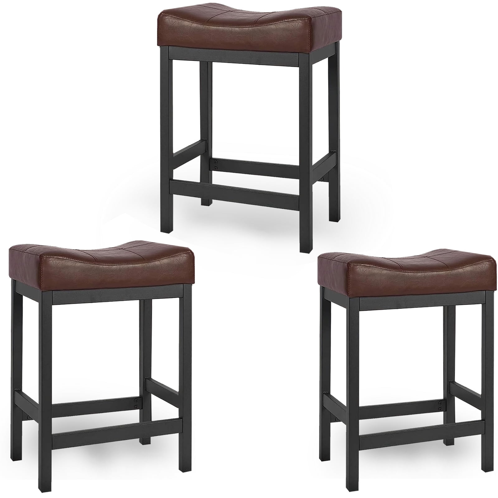 Brown Bar Stools Set of 3, Counter Height Stools 24 Inch Saddle Stools ...