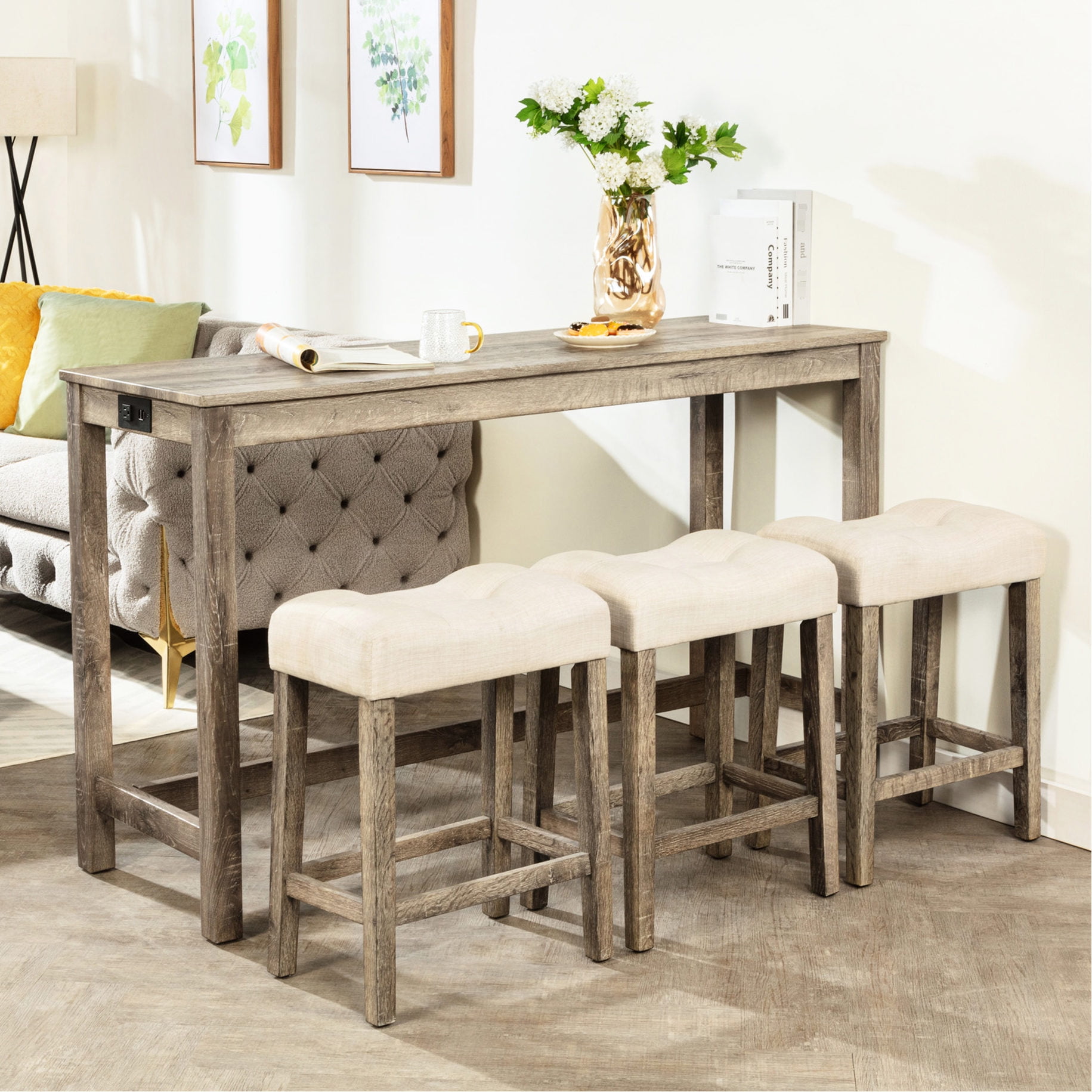 Brown Bar Table Set with Sturdy Wooden Frame, 3 Comfortable Seats ...