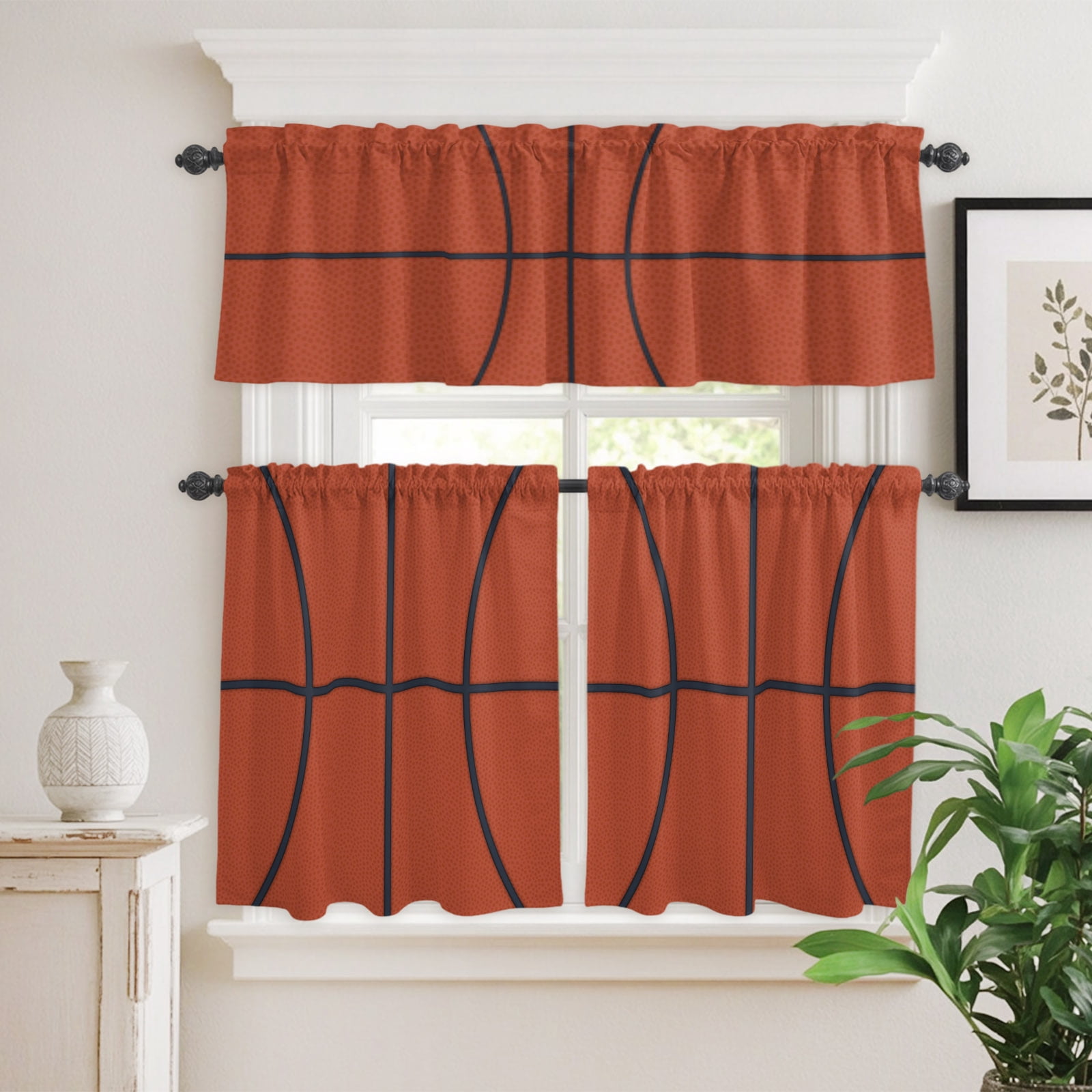 Brown Basketball Black Line Curtain Tier and Valance Set 3 Piece,Sport ...