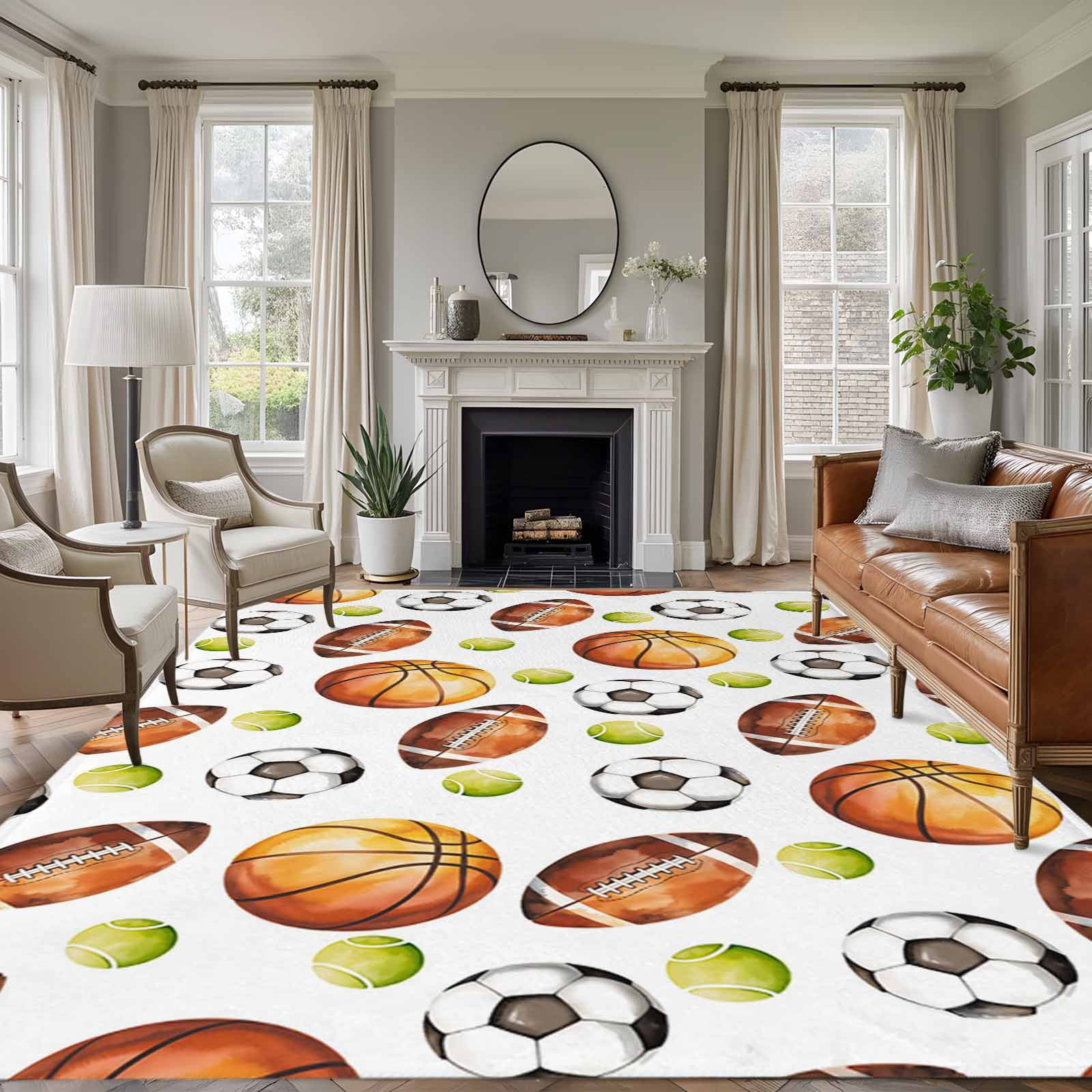 Brown Basketball Football Area Rugs 8'x10', Washable Small Throw Rugs ...