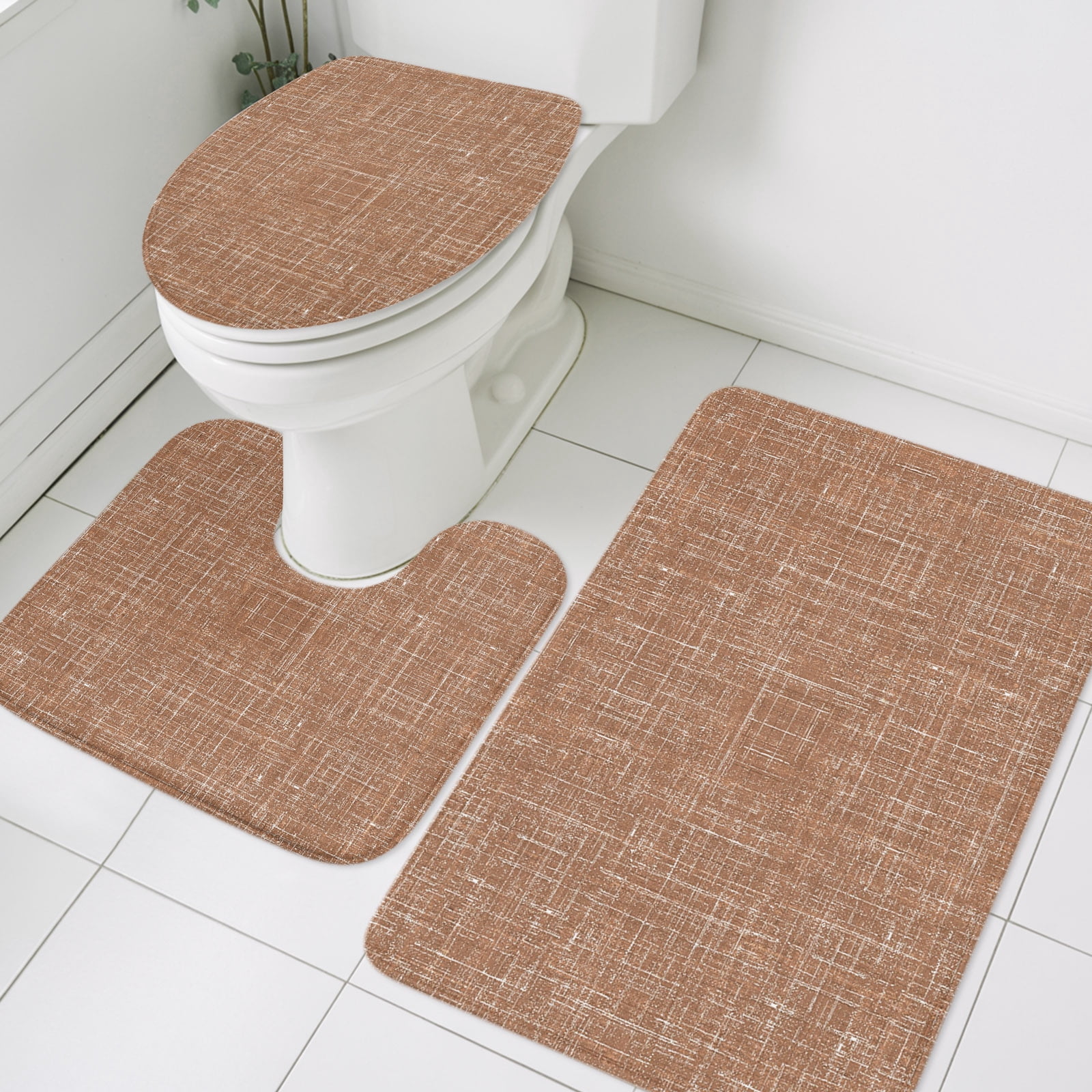 Brown Bathroom Rugs Set Abstract Modern Farmhouse Solid Color Non Slip ...