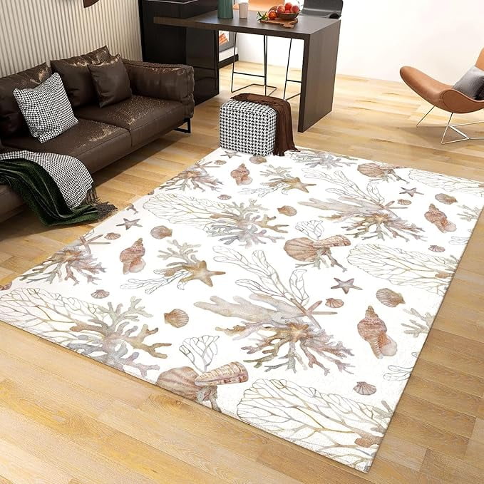 Brown Beach Coastal Coral Starfish Shells Area Rug, Modern Abstract Sea ...