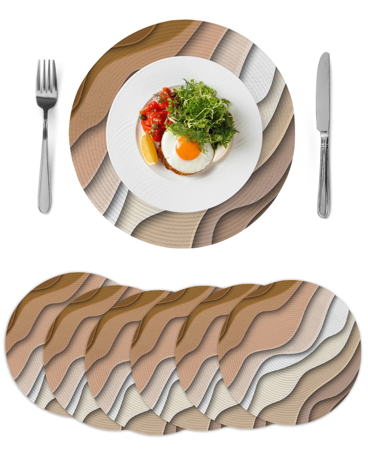 Brown Beach Coastal Round Table Placemats set of 6, Abstract Geometric ...