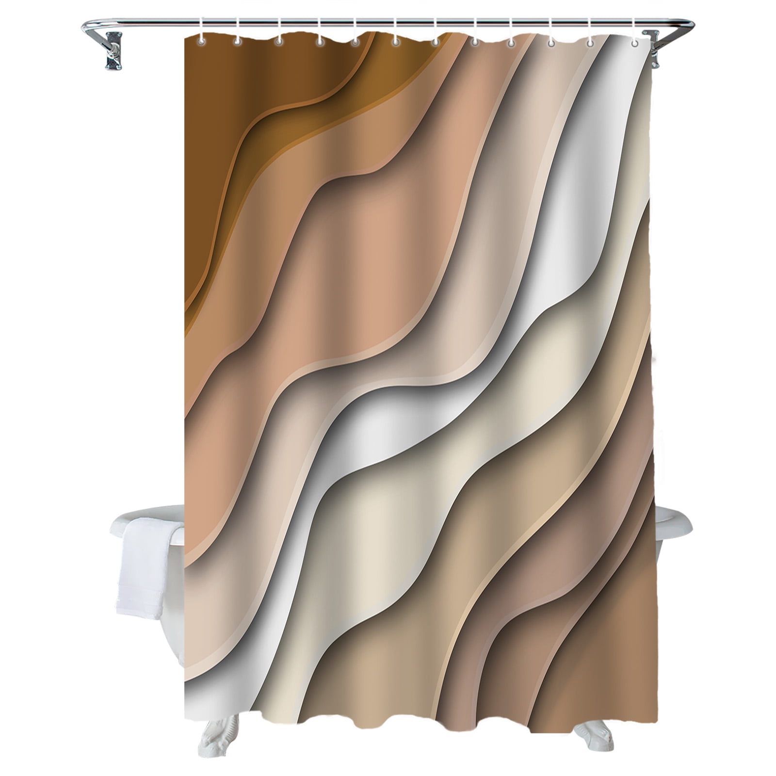 Brown Beach Coastal Shower Curtain, Abstract Geometric Ocean Waves ...