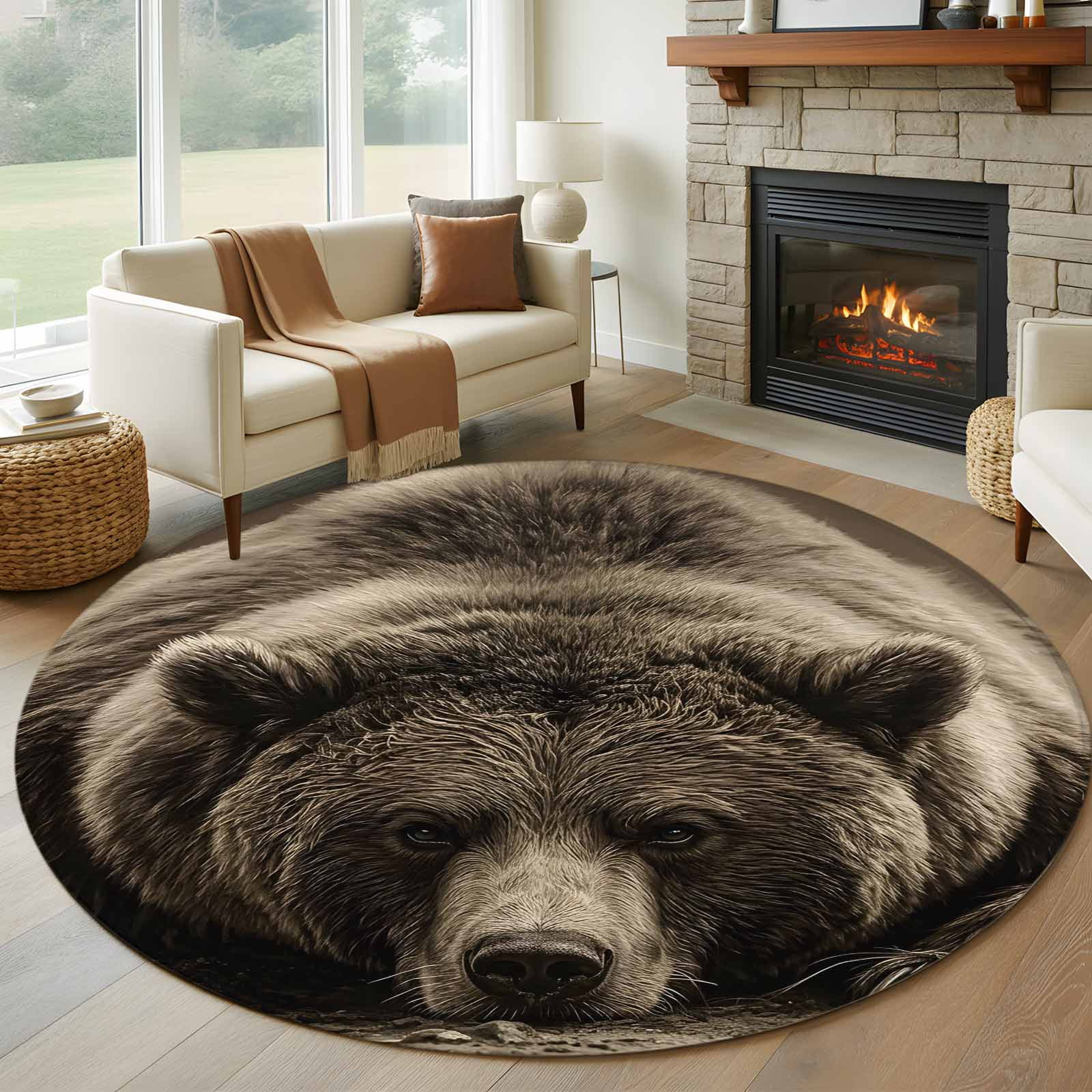 Brown Bear 7FT Round Area Rugs for Living Room Forest Wildlife Animal ...