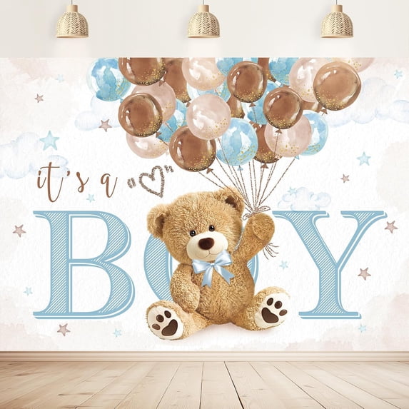 Brown Bear Baby Shower Backdrop for Boy Balloons Sweet Baby is On The ...