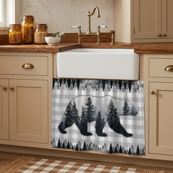 Brown Bear Cabin Small Cabinet Curtains 10"W x 11"L, Vintage Pine Tree ...