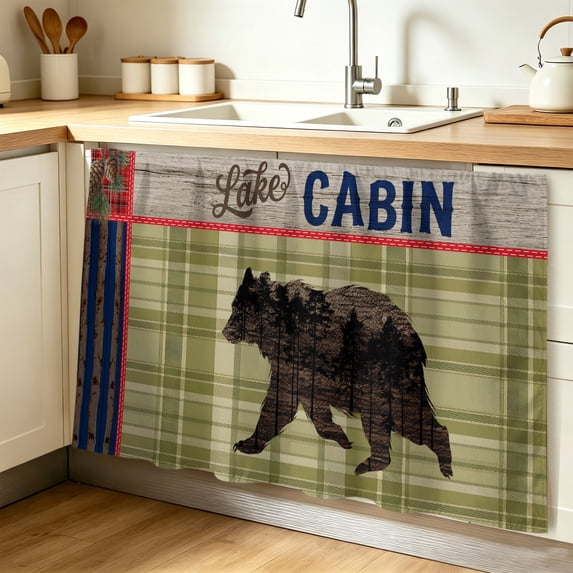 Brown Bear Cabinet Curtain 28"W x 51"L, Sage Green Striped Pine Cones ...