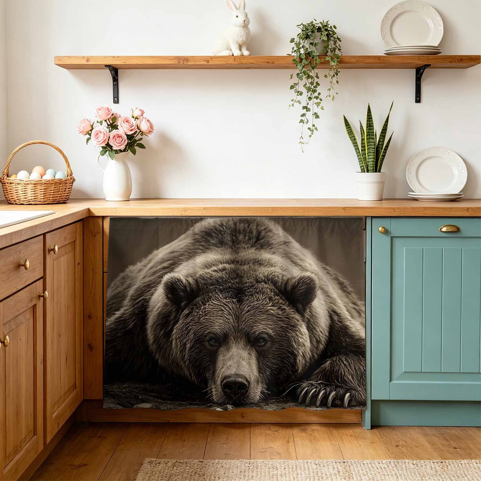 Brown Bear Cabinet Curtains 28" W x 35" L, Forest Wildlife Animal ...