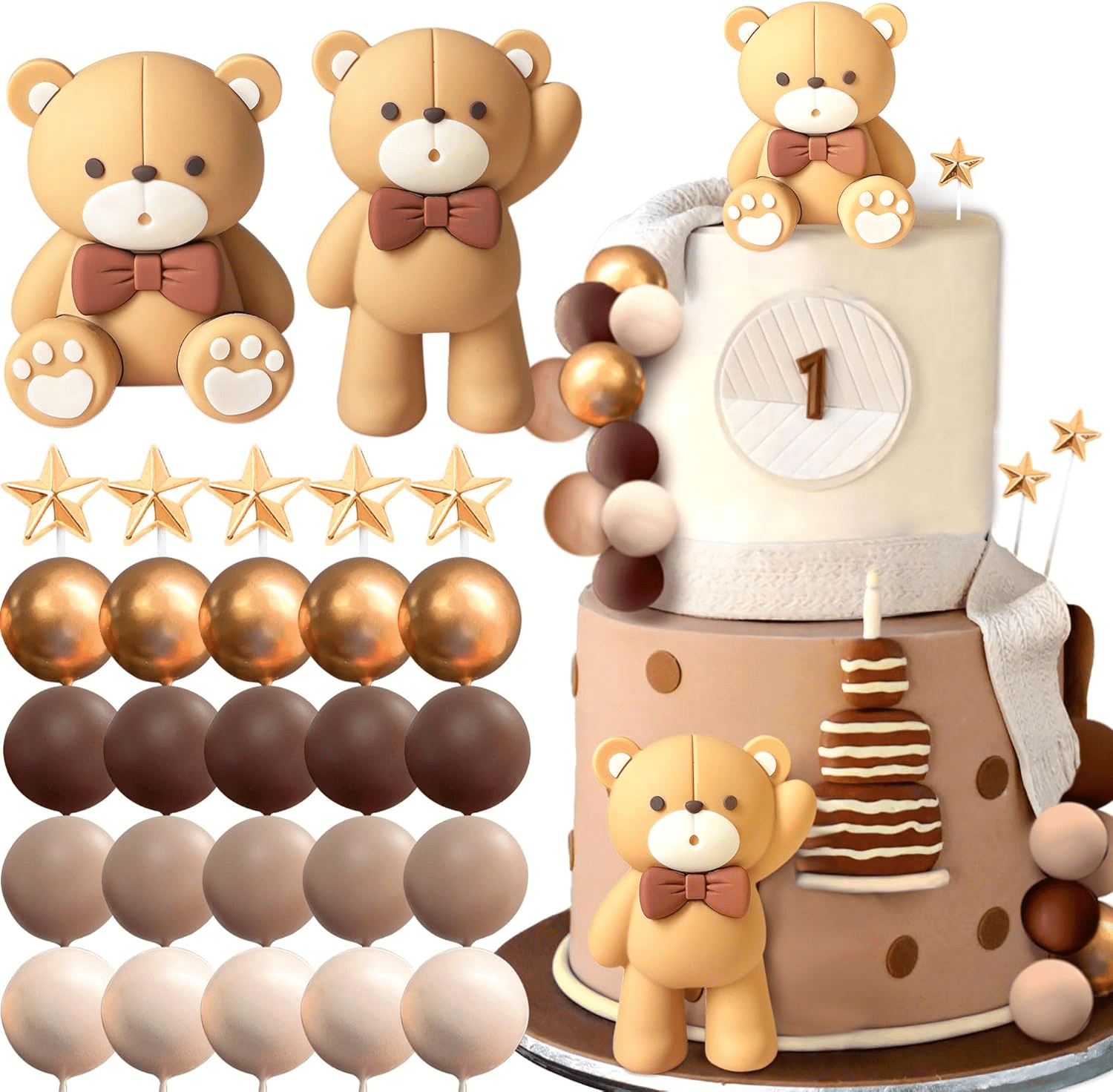 Brown Bear Cake Topper Set - Adorable Interactive Design for Birthday ...